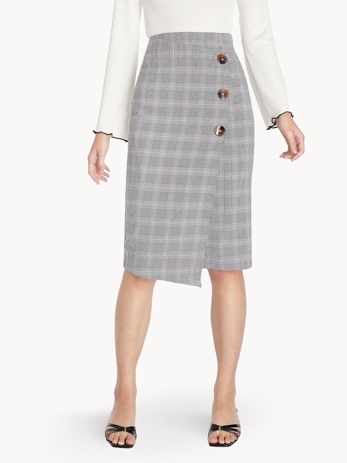 Asymmetric Plaid Wrap Skirt - Black - Pomelo Fashion