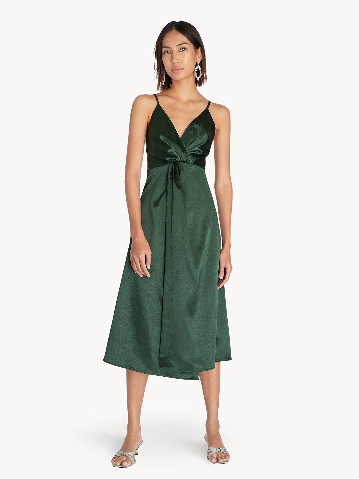 Satin Front Knot Slip Dress - Green - Pomelo Fashion