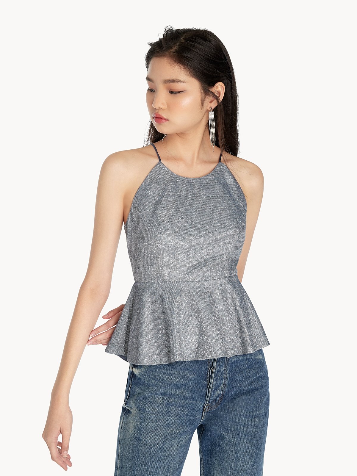 Peplum Tied Open Back Tank Top - Blue - Pomelo Fashion