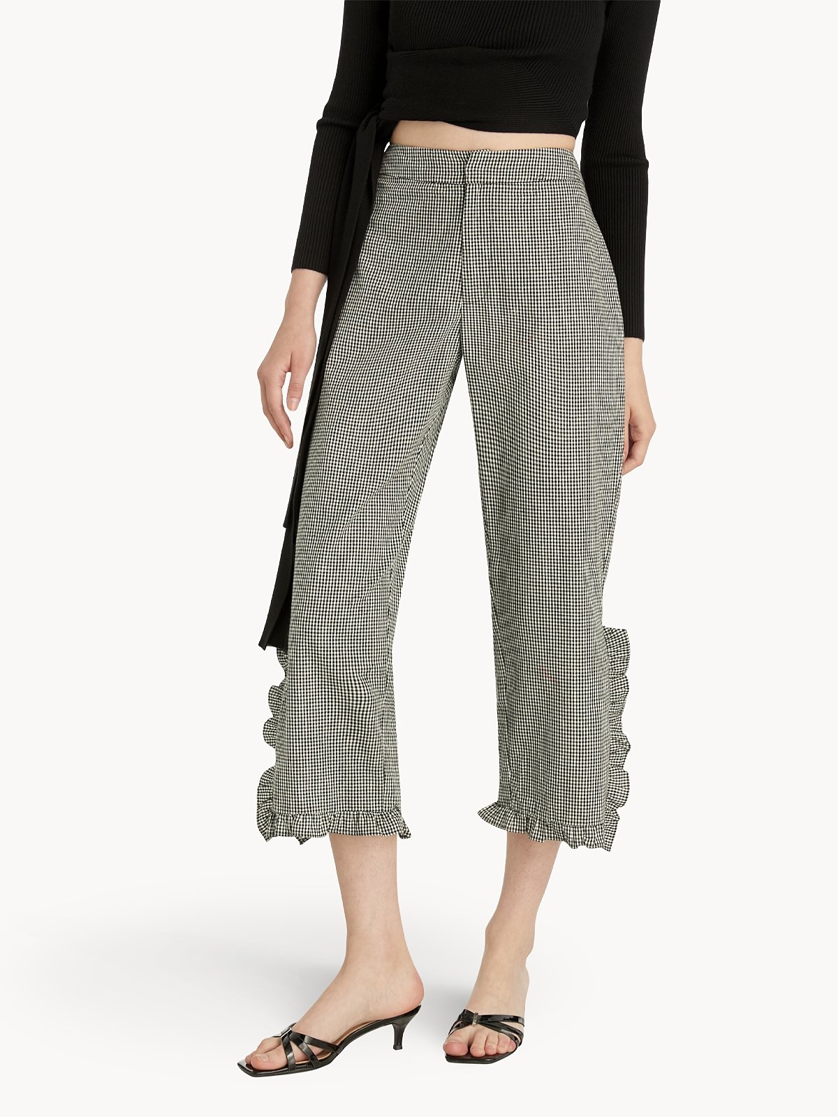 Gingham Side Slit Pants - Black/White - Pomelo Fashion