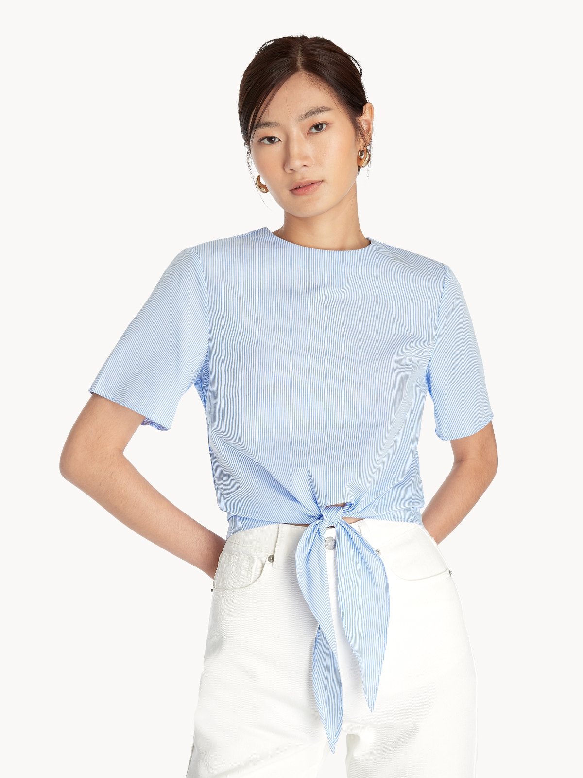Striped Front Knot Top - Light Blue - Pomelo Fashion