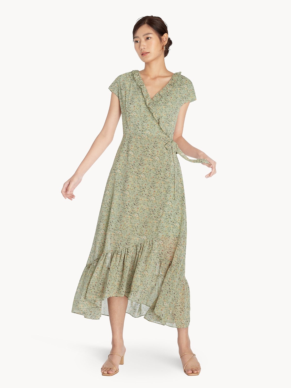 Floral Ruffled Neckline Maxi Dress - Green - Pomelo Fashion