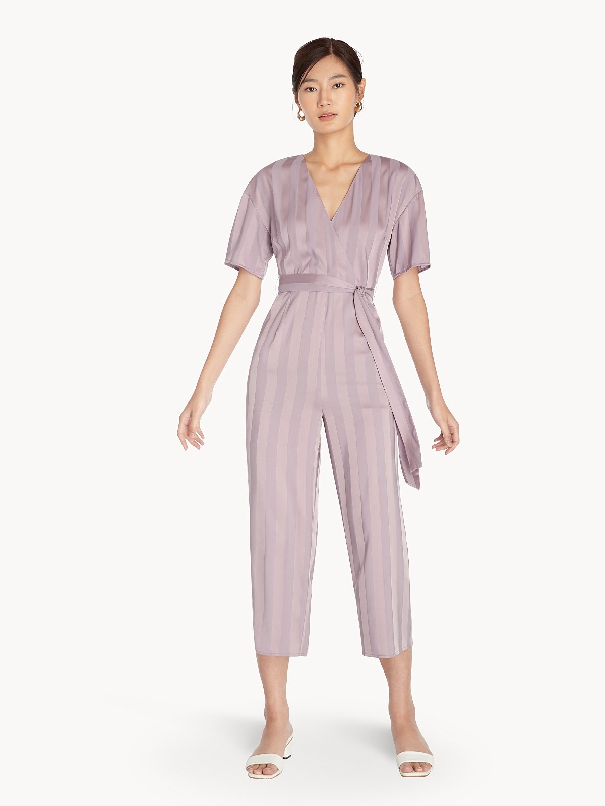 Striped Tied Waist Jumpsuit - Purple - Pomelo Fashion