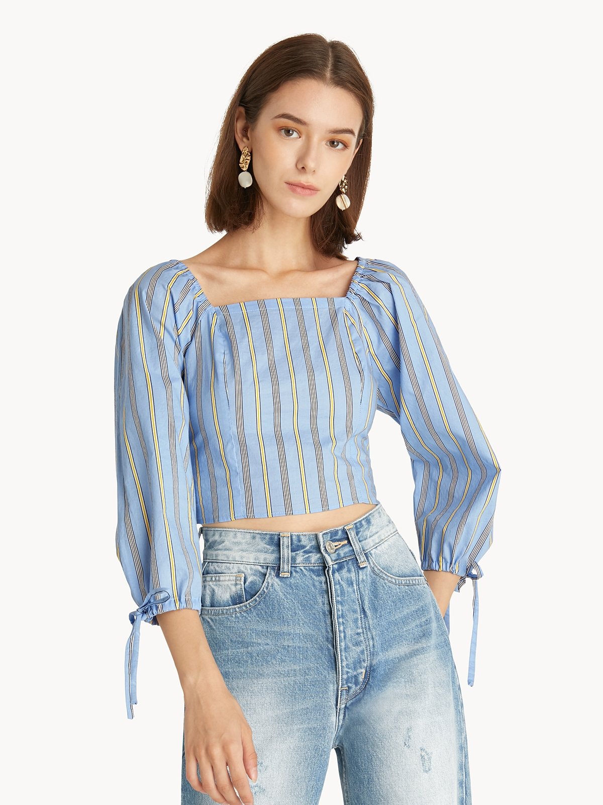 Puff Sleeve Smocked Back Blouse - Blue - Pomelo Fashion