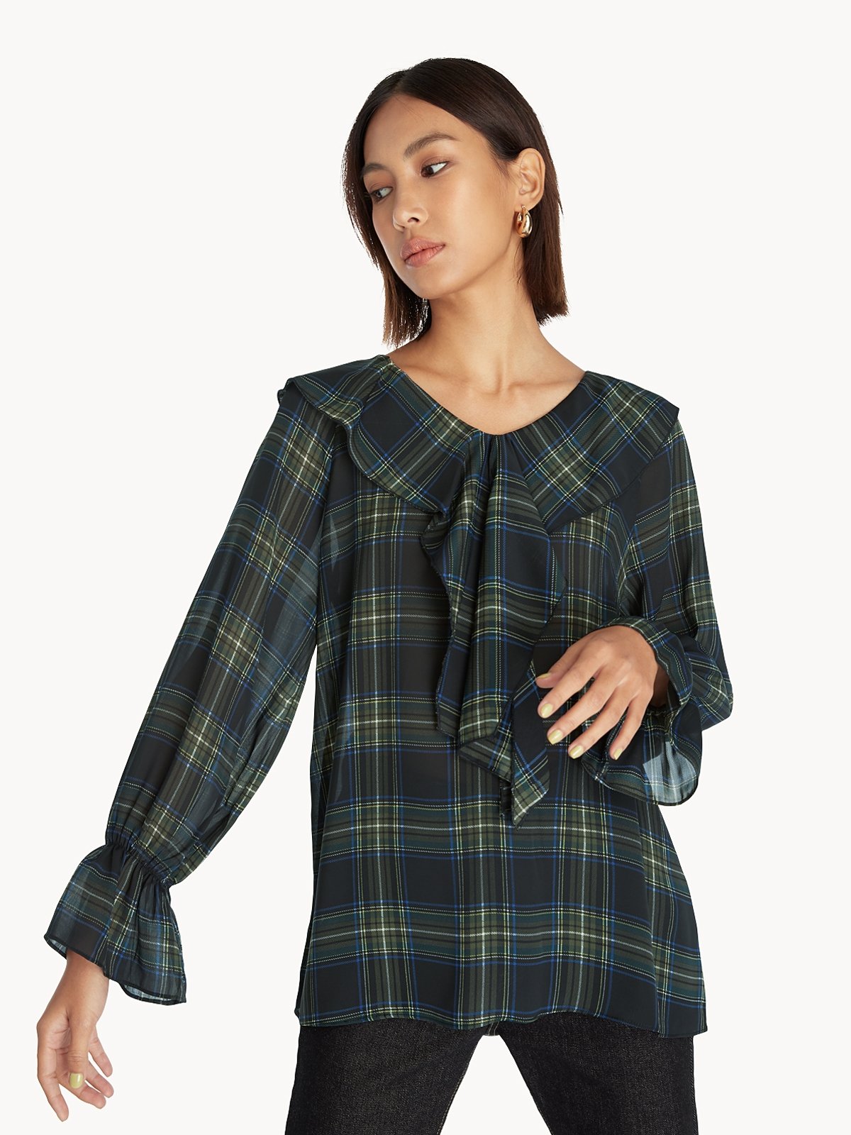 Ruffled Plaid Blouse - Dark Green - Pomelo Fashion