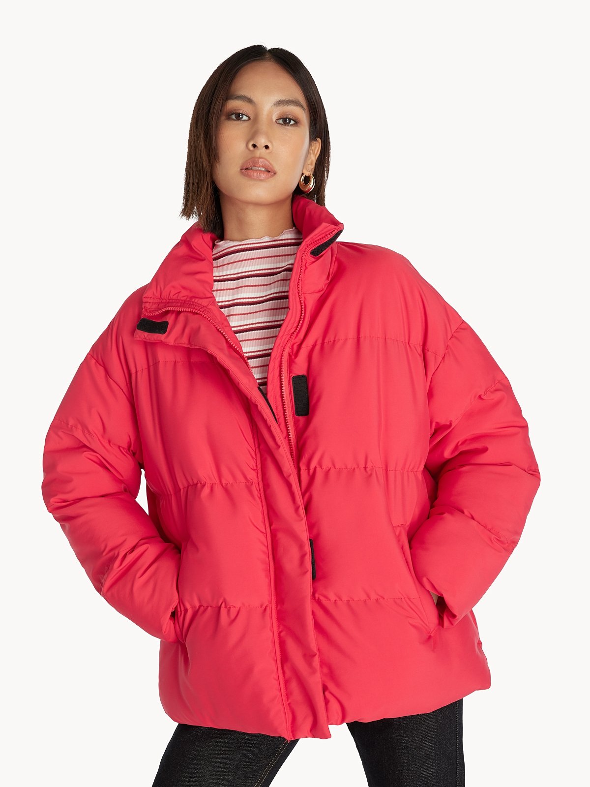 Velcro Puffer Jacket - Red - Pomelo Fashion