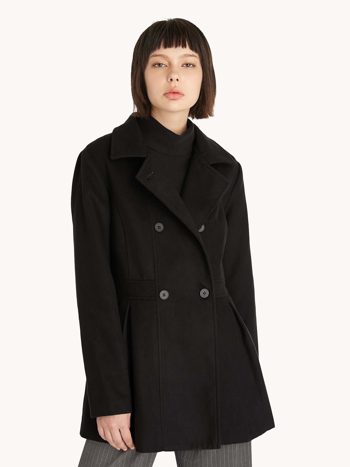 Fitted Waist Double Breasted Coat - Black - Pomelo Fashion