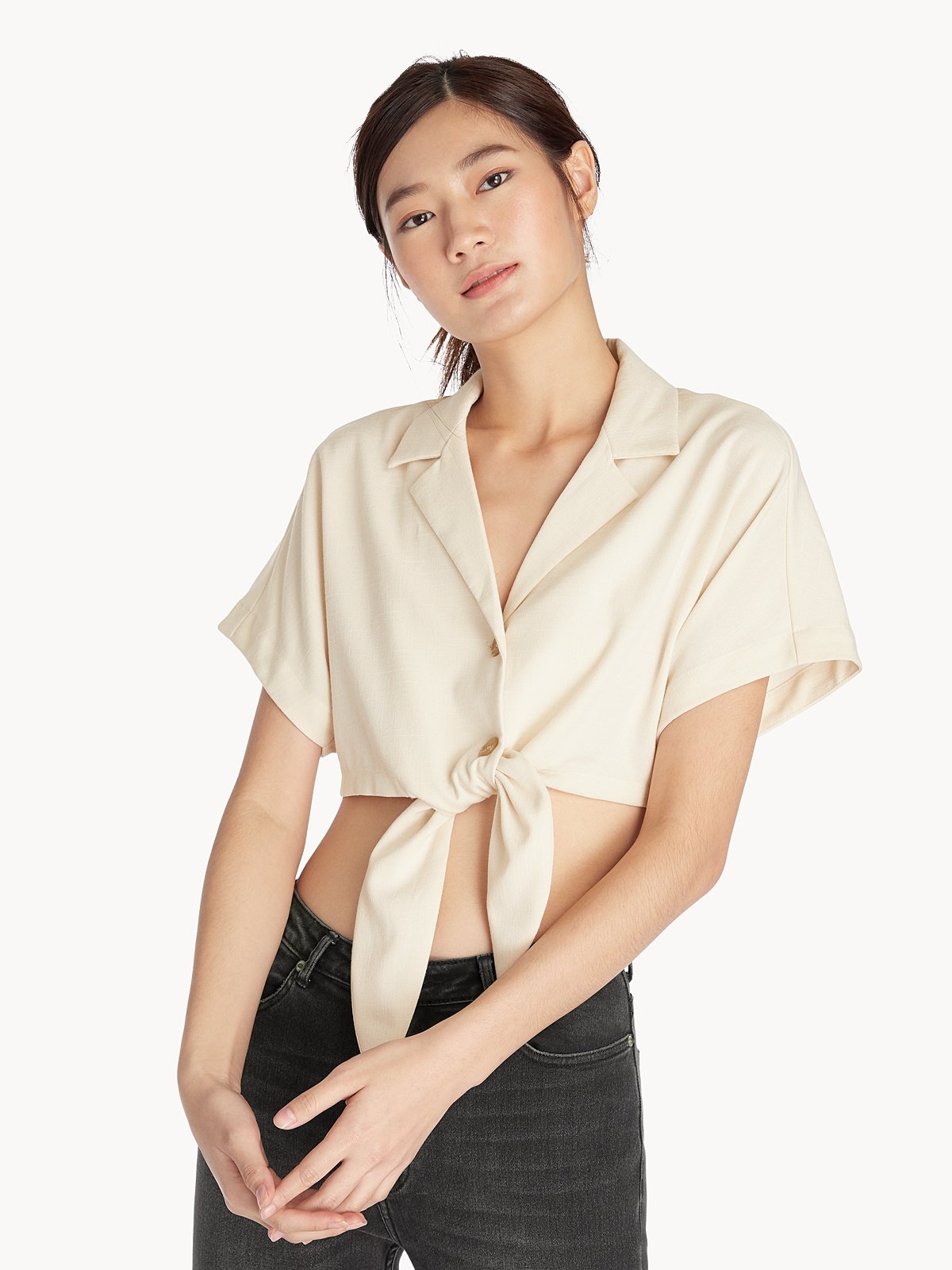 Tie Front Crop Top - Cream - Pomelo Fashion