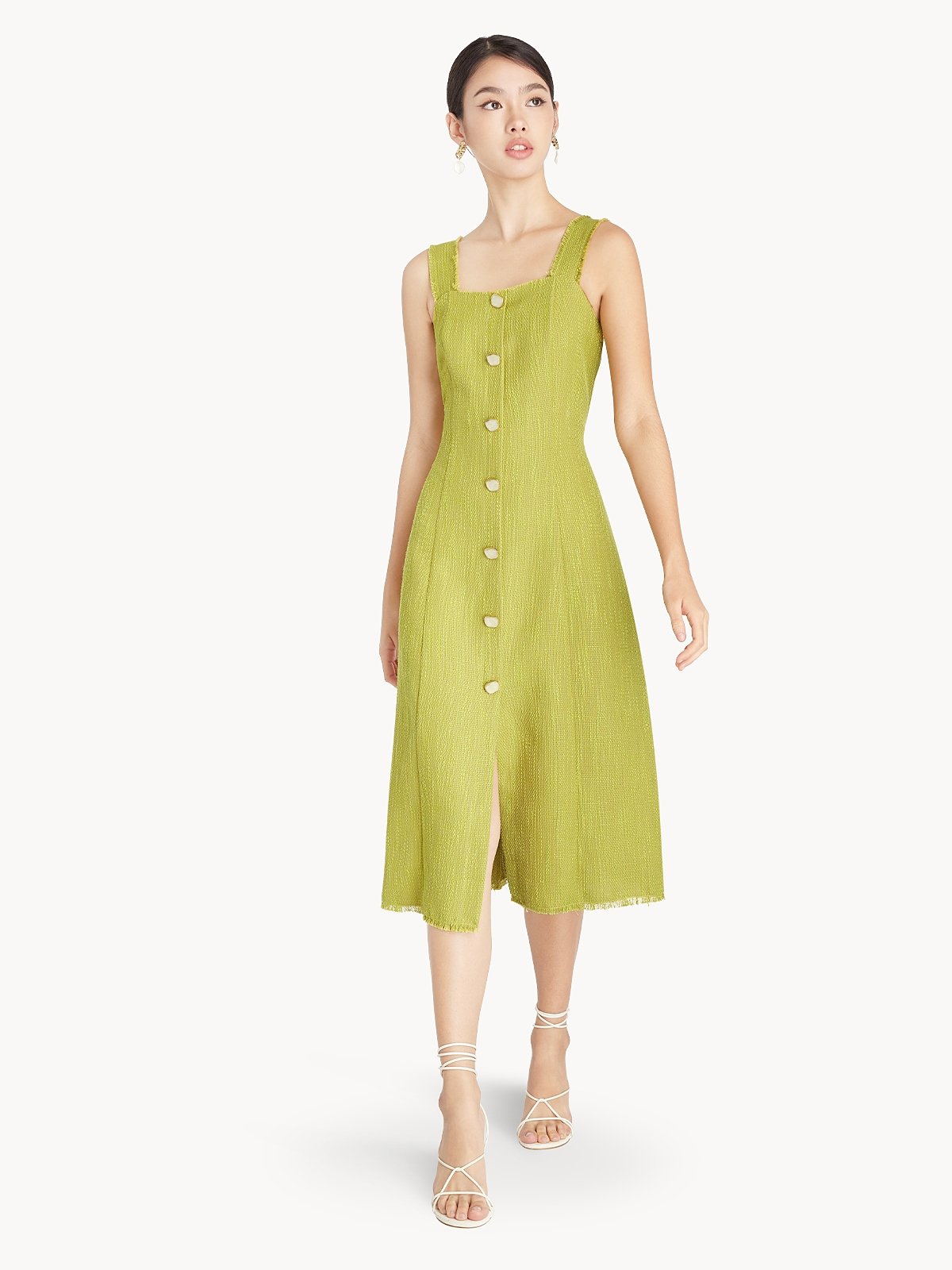 Tweed Button Detailed Dress - Green - Pomelo Fashion
