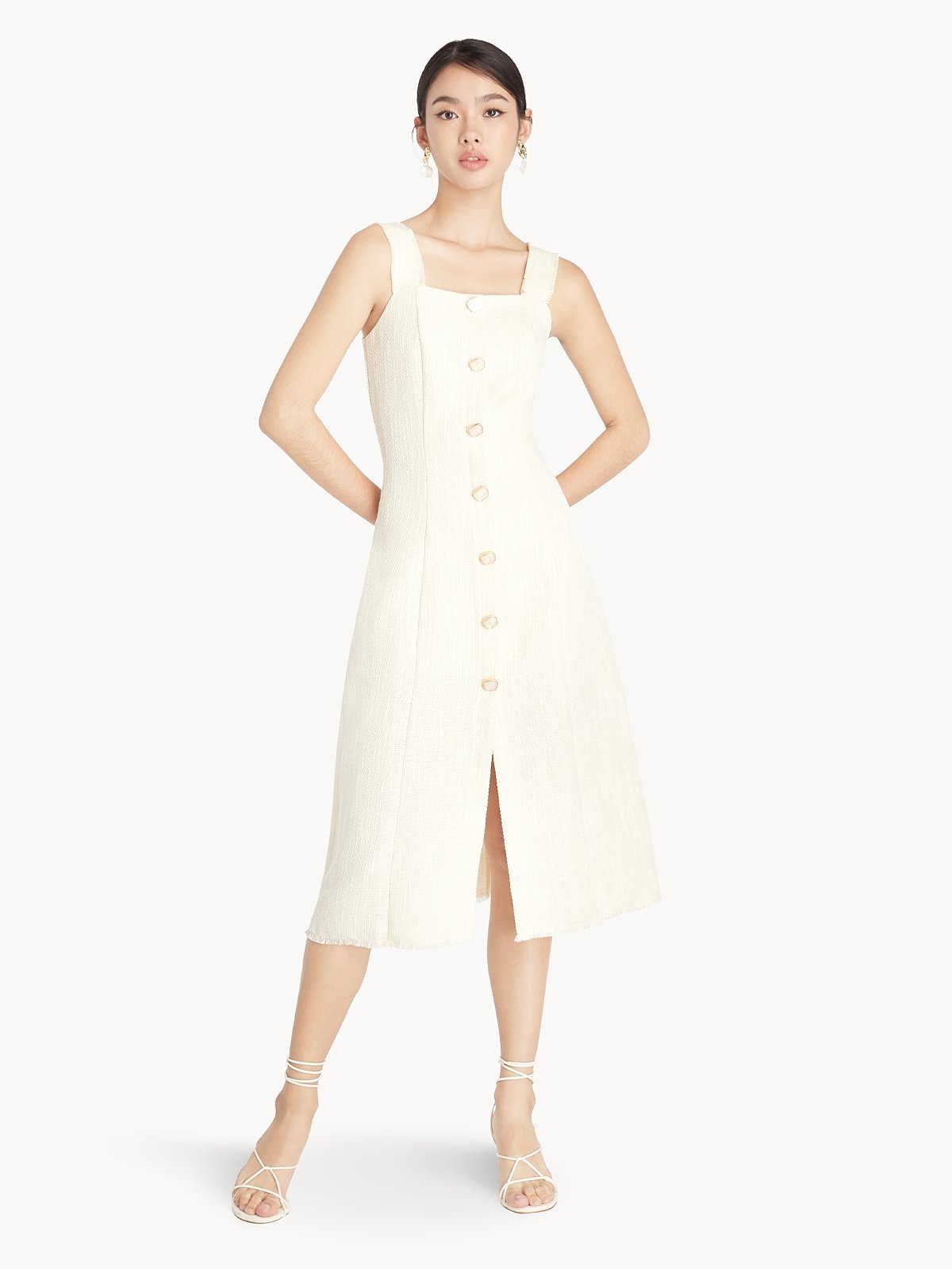 Tweed Button Detailed Dress - White - Pomelo Fashion