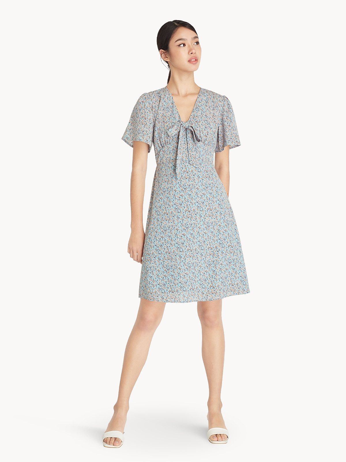 Midi Floral Butterfly Sleeve Dress - Blue - Pomelo Fashion