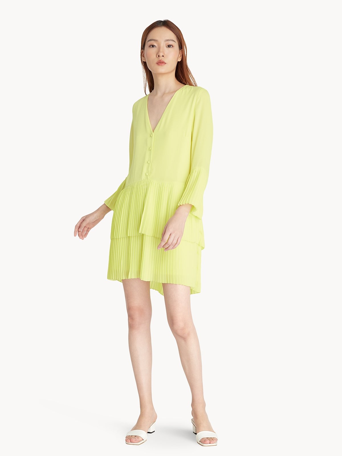 Mini Layer Pleated Dress - Yellow - Pomelo Fashion