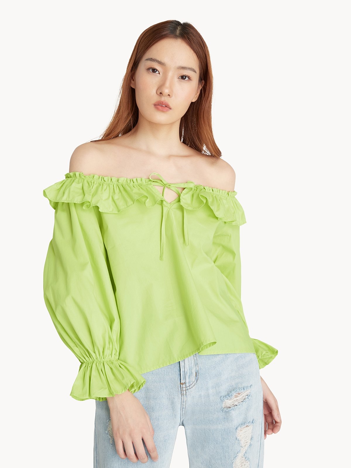 Off Shoulder Frilled Top - Green - Pomelo Fashion