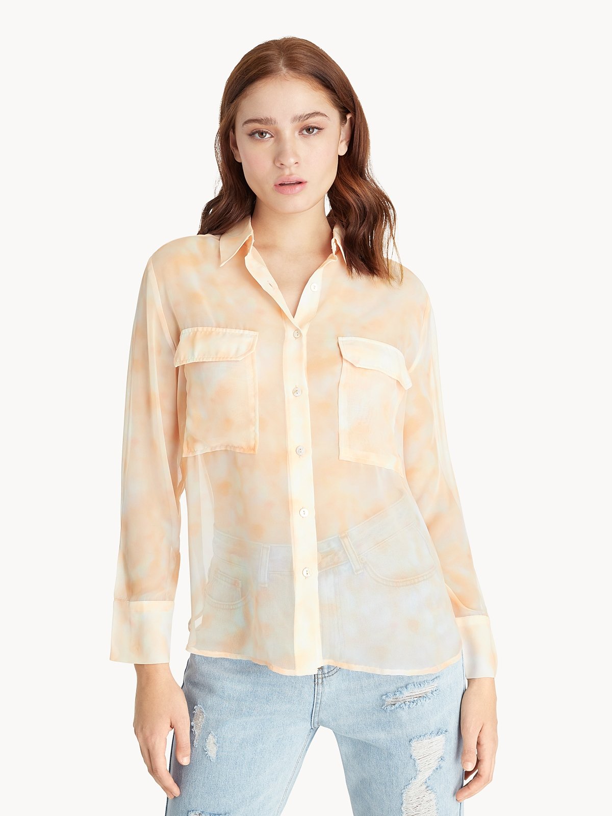 Sheer Twin Pocket Tie Dye Shirt - Orange - Pomelo Fashion