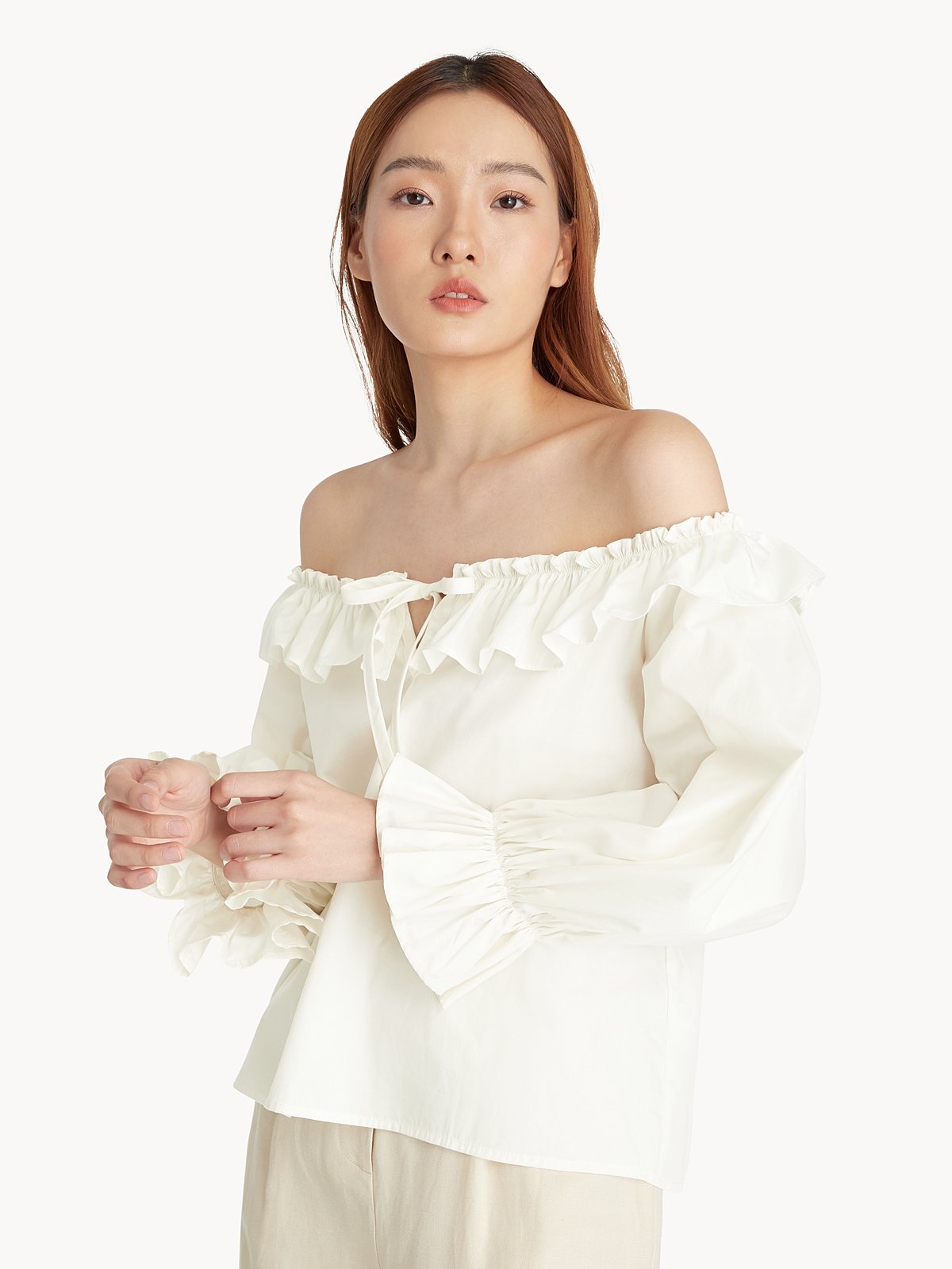 Off Shoulder Frilled Top - White - Pomelo Fashion