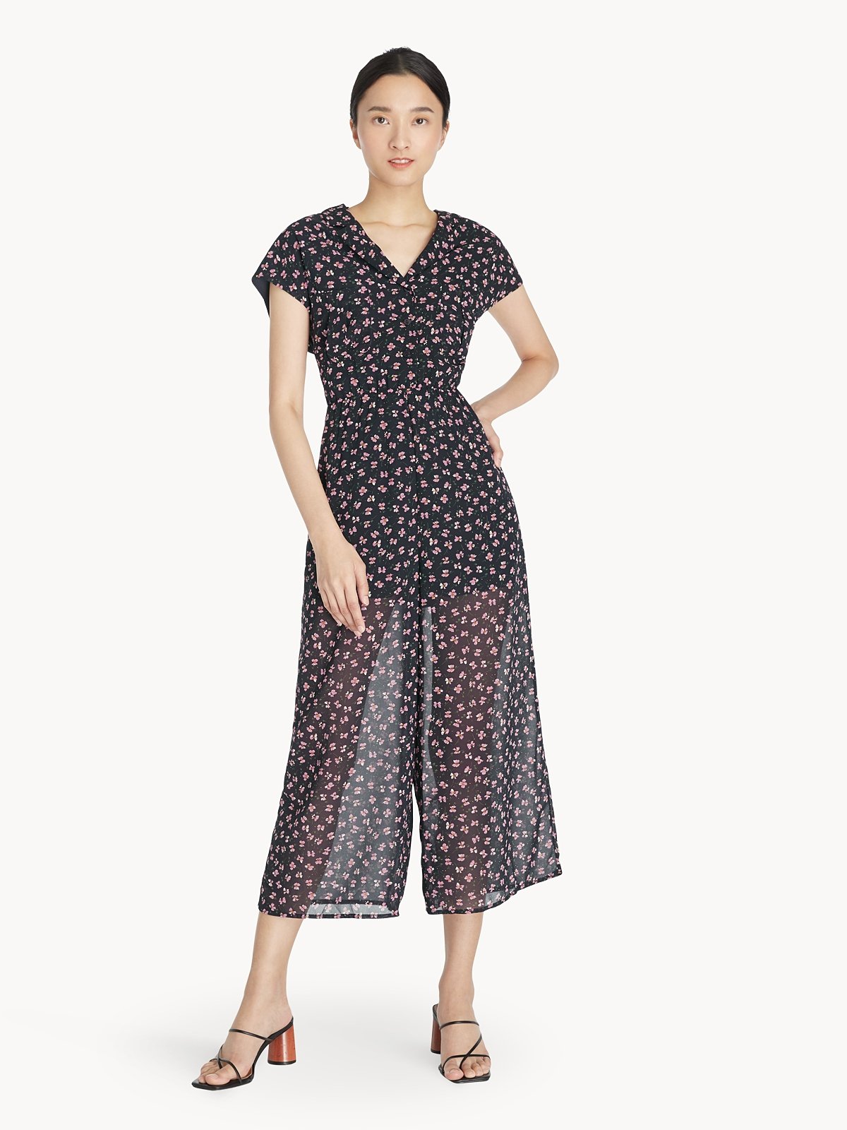 Floral Semi Sheer Jumpsuit - Navy - Pomelo Fashion