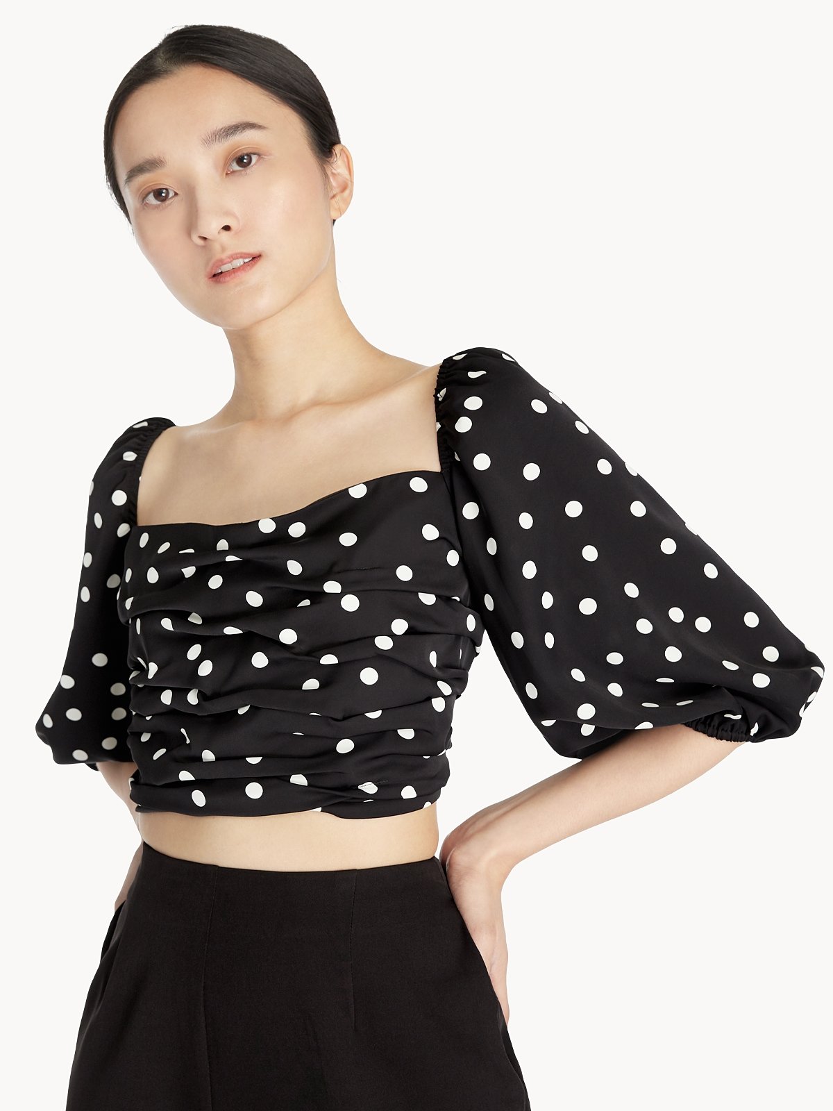 Polka Dot Ruched Crop Top - Black - Pomelo Fashion