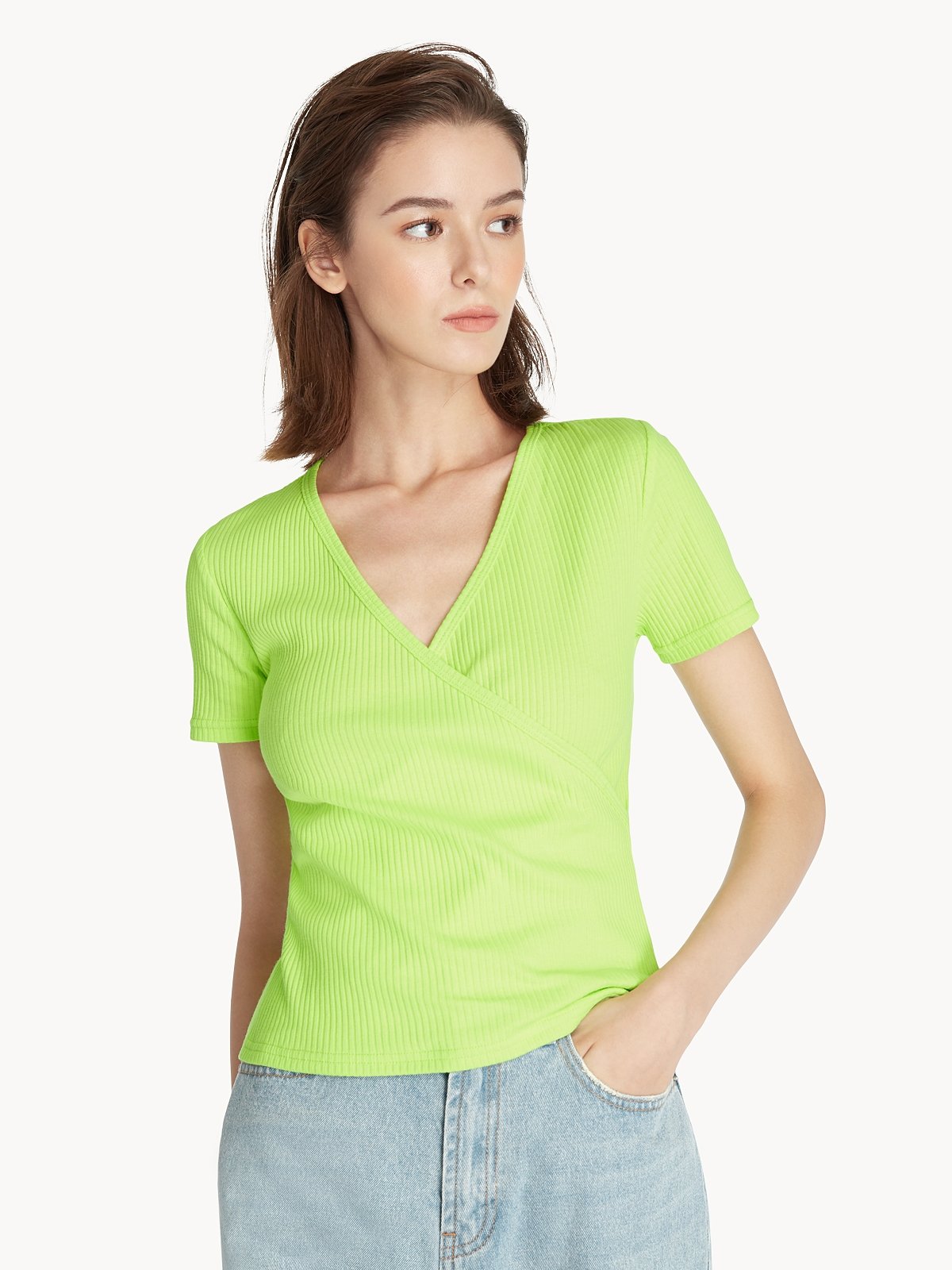 Ribbed Surplice Tee - Mint - Pomelo Fashion
