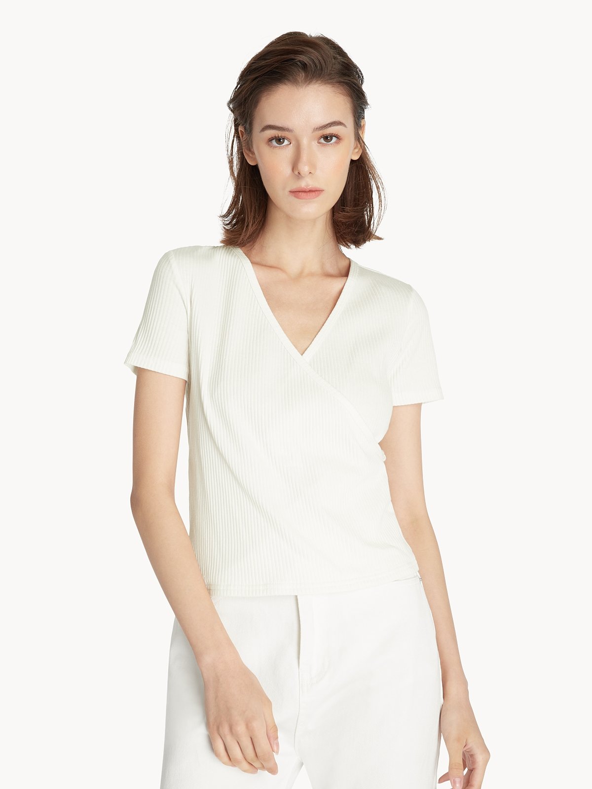 Ribbed Surplice Tee - White - Pomelo Fashion