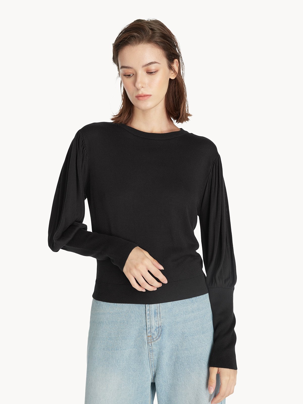 Puffed Sleeve Sweater - Black - Pomelo Fashion