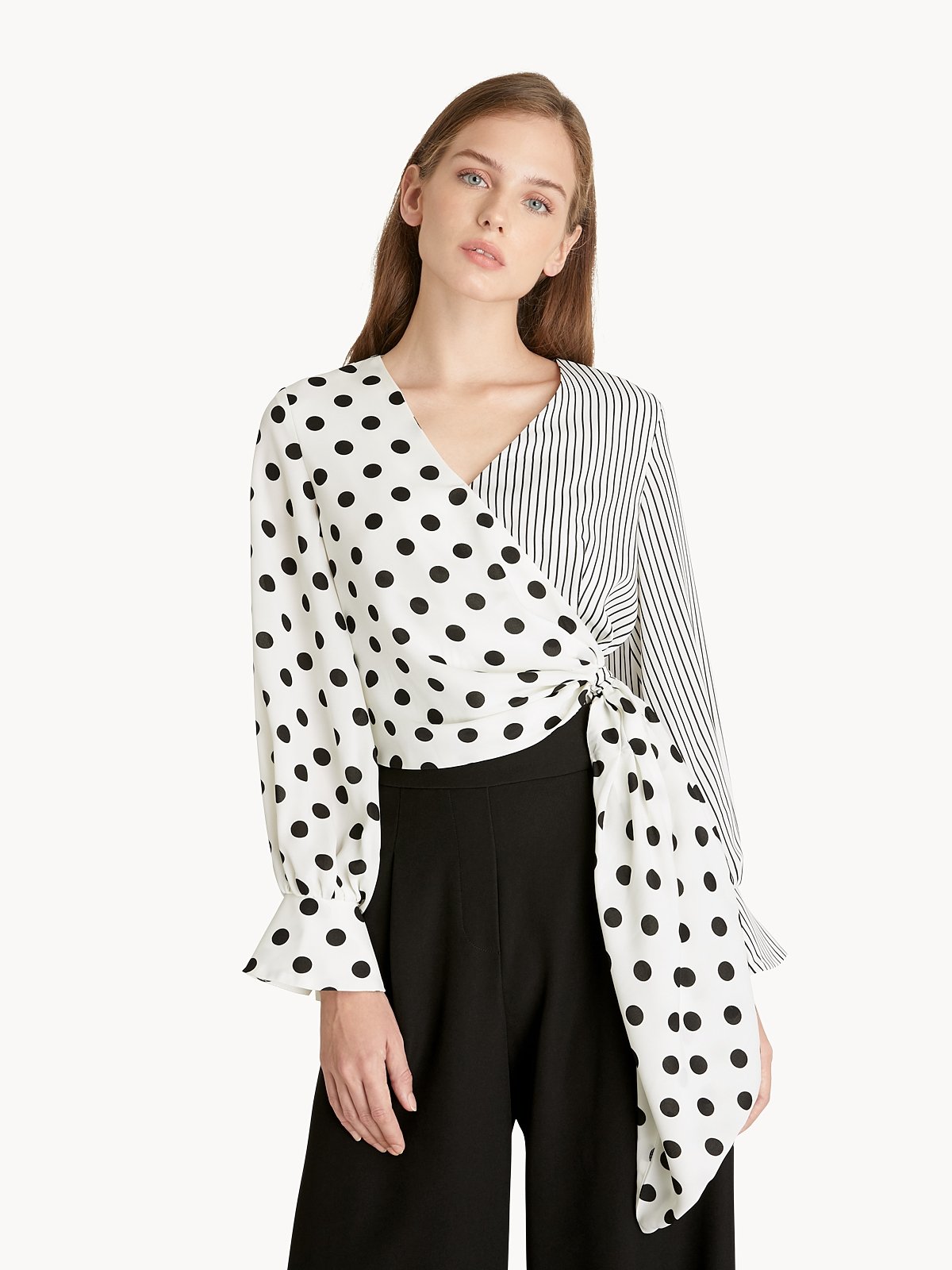 Mixed Print Wrap Blouse - White - Pomelo Fashion