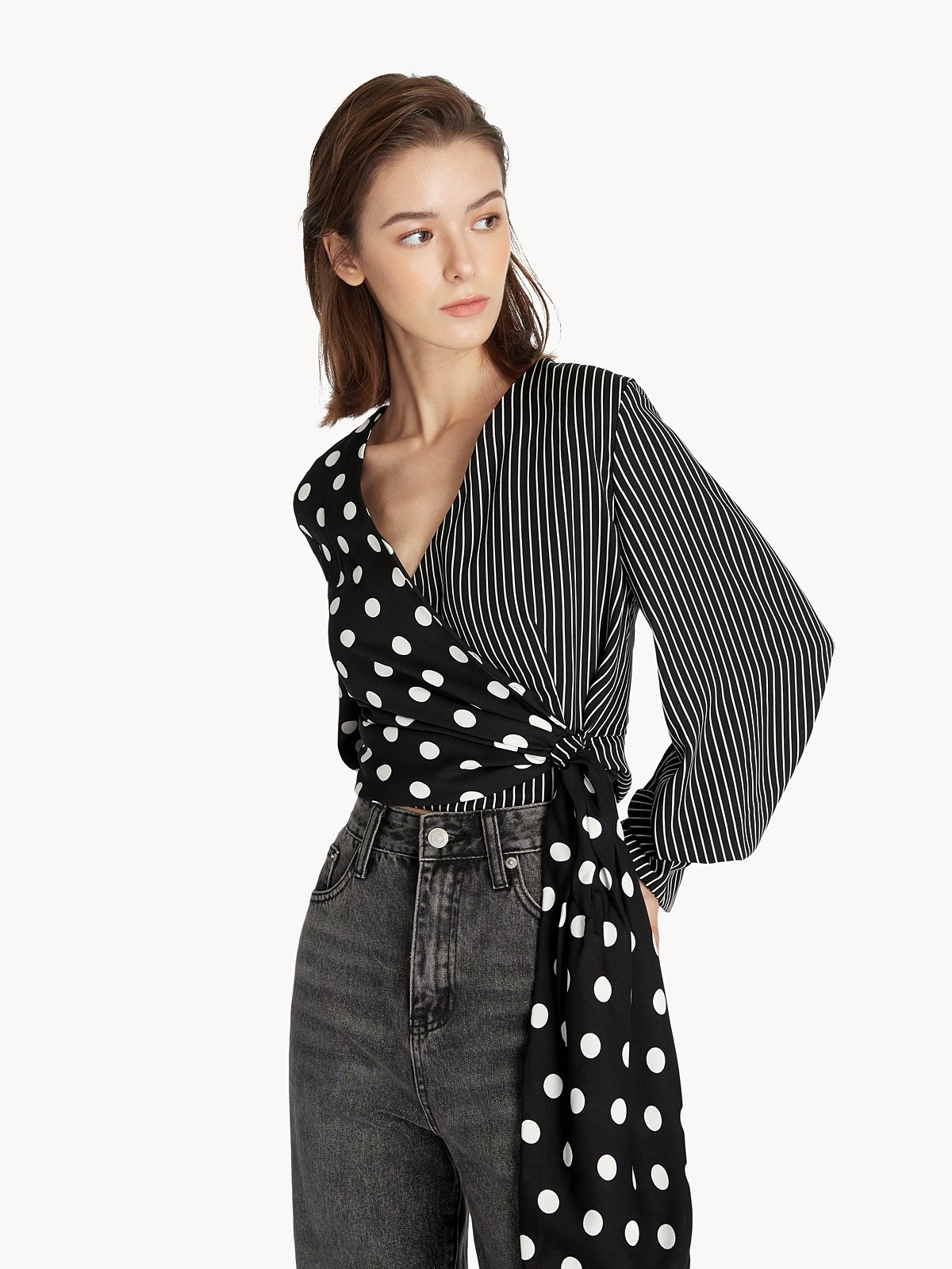 Mixed Print Wrap Blouse - Black - Pomelo Fashion