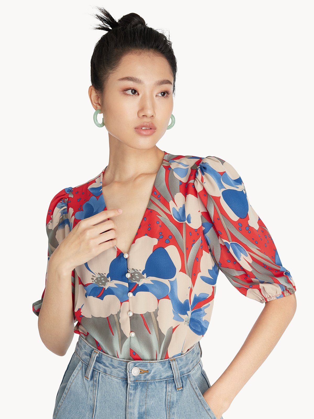 Floral V Neck Bodysuit Red Pomelo Fashion