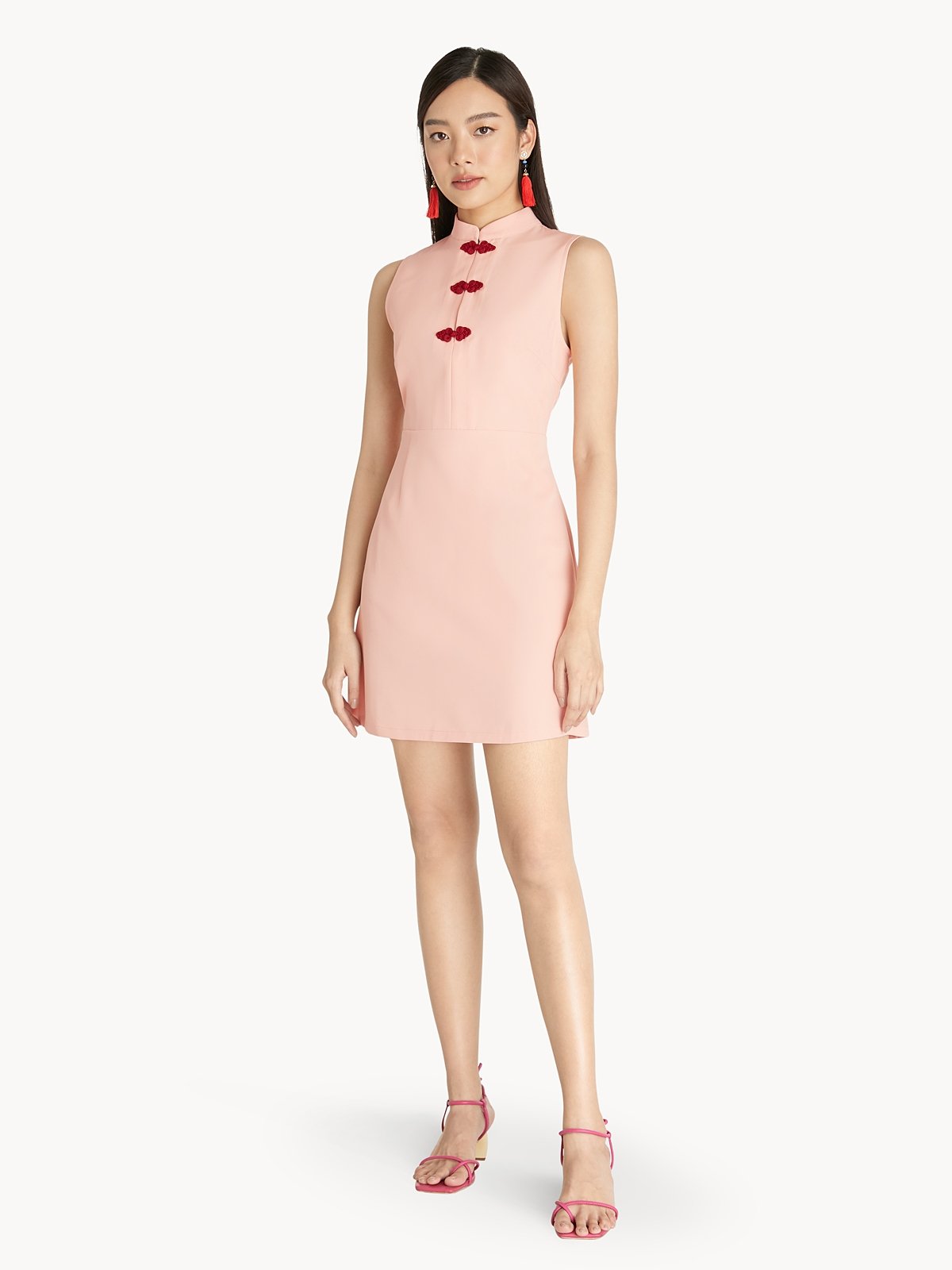 Mini Mandarin Collar Sleeveless Dress - Pink - Pomelo Fashion