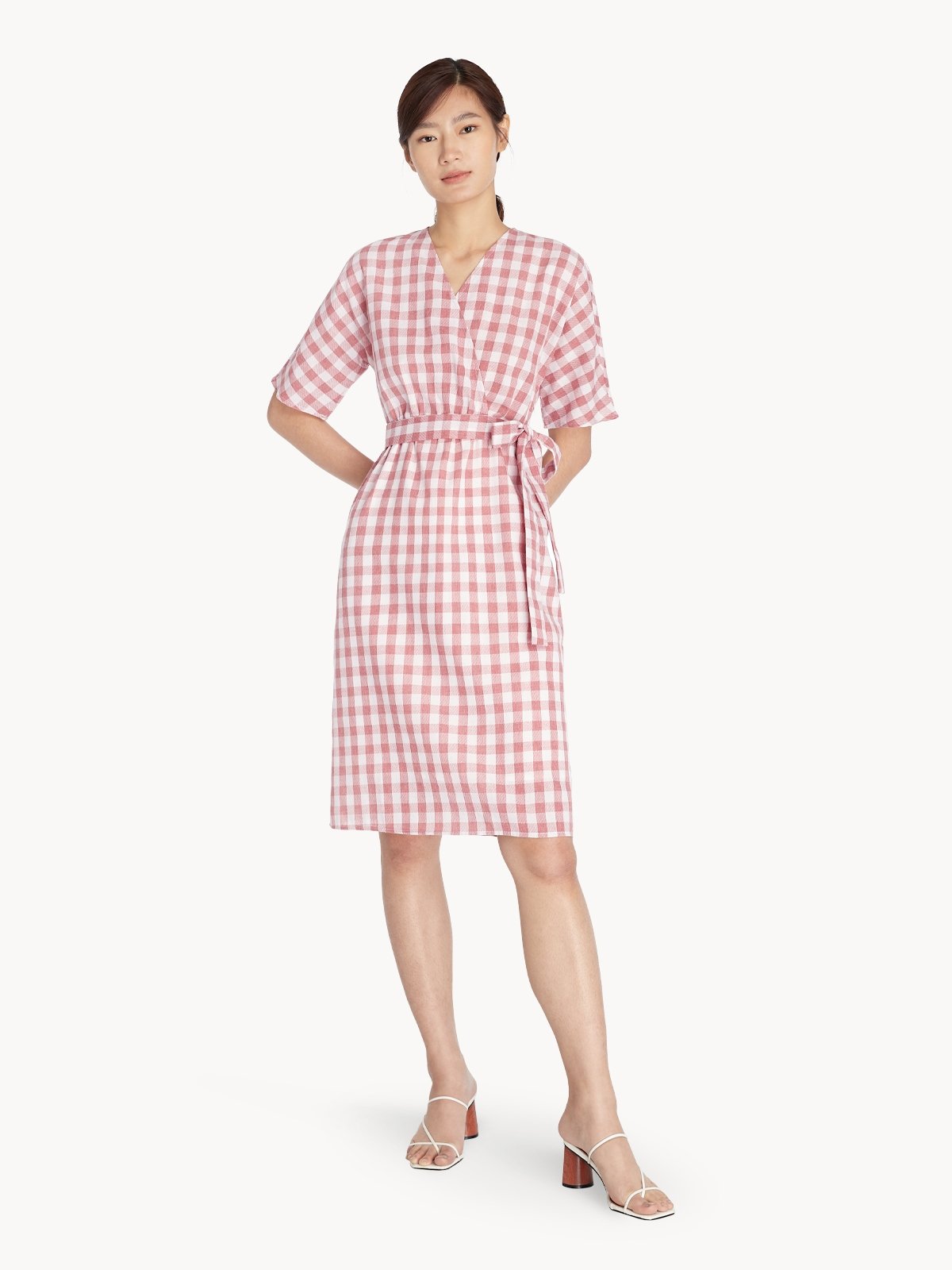 Gingham Wrap Dress - Pink - Pomelo Fashion