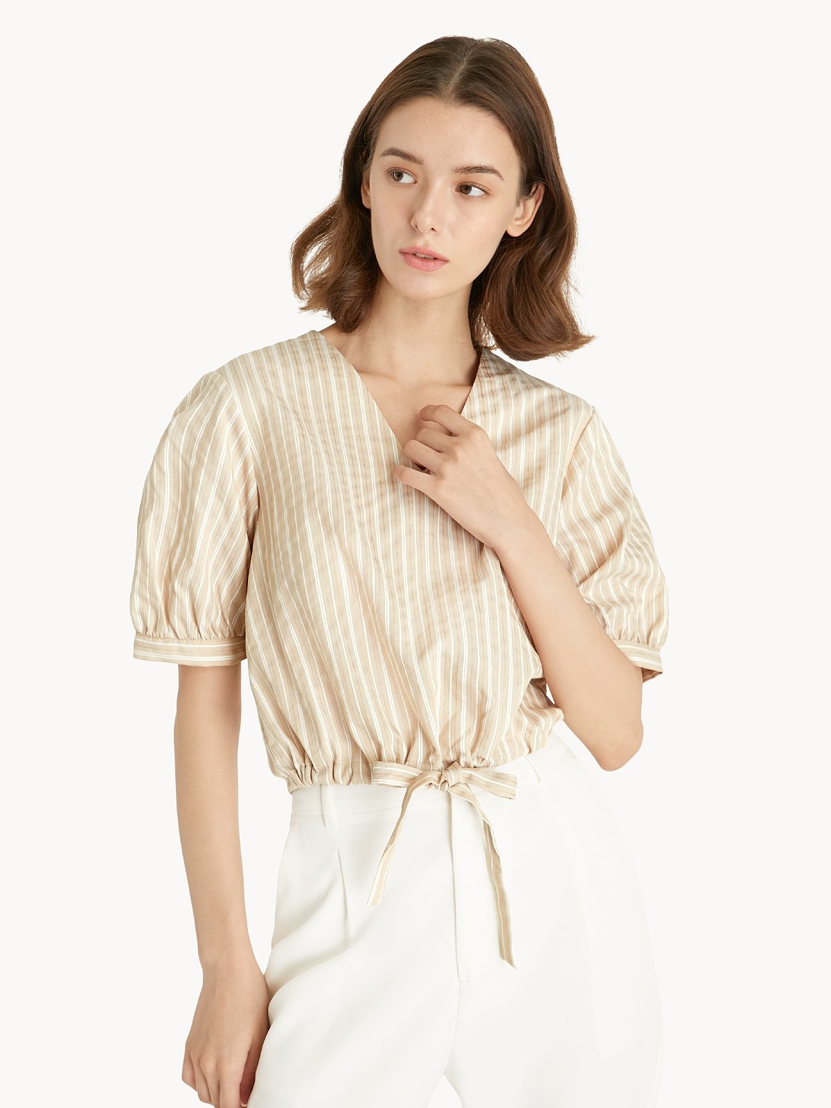 Stripe Ruch Crop Top - Beige - Pomelo Fashion