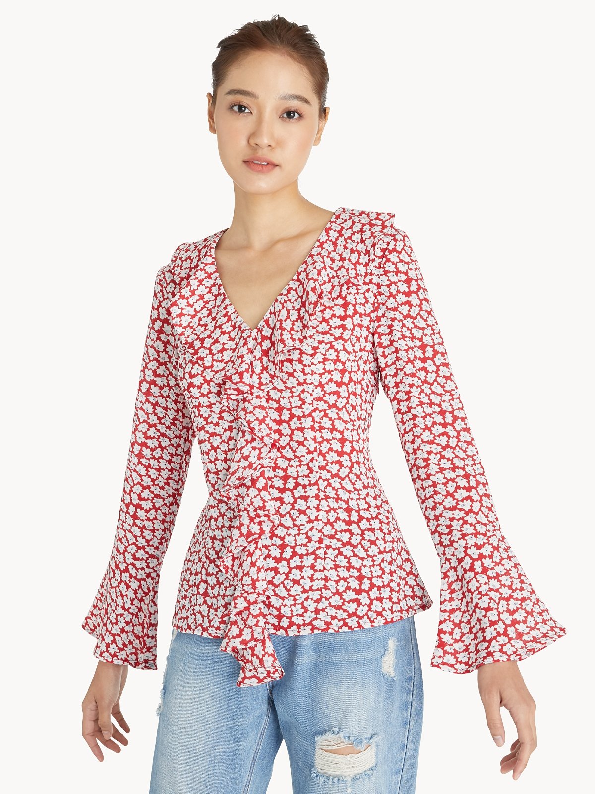 Floral Ruffled Bell Sleeve Blouse - Red - Pomelo Fashion