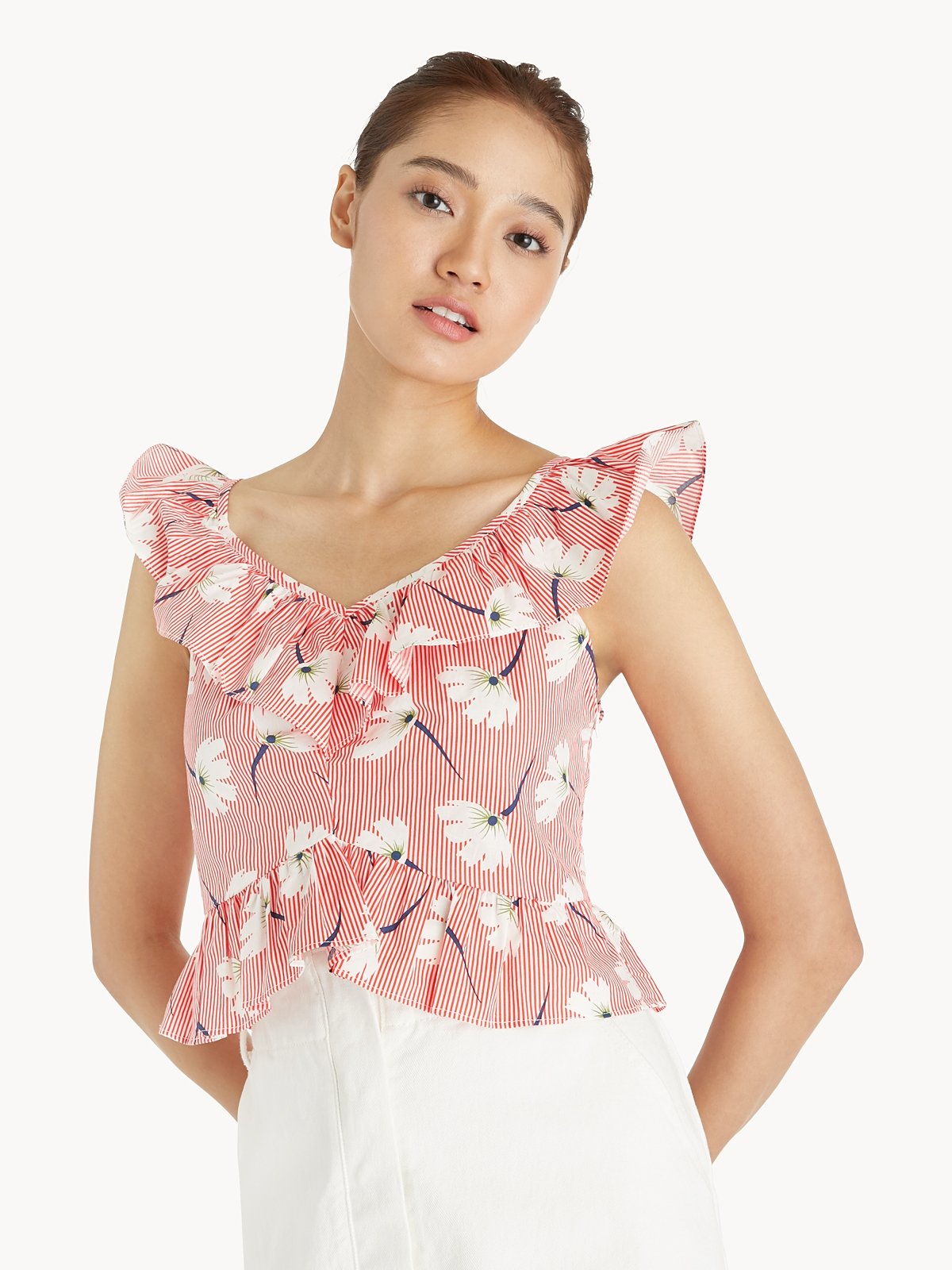 Floral Ruffled Top - Red - Pomelo Fashion