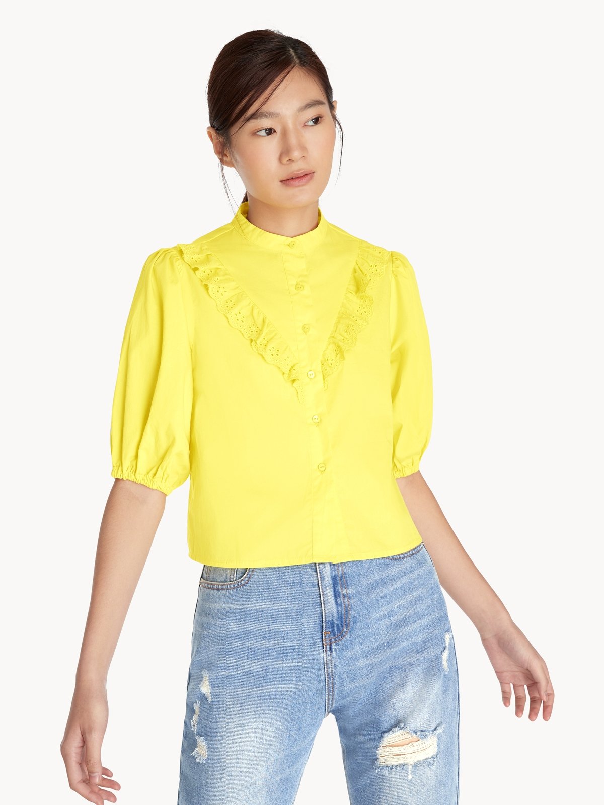 Puffed Sleeves Button Up Blouse - Yellow - Pomelo Fashion
