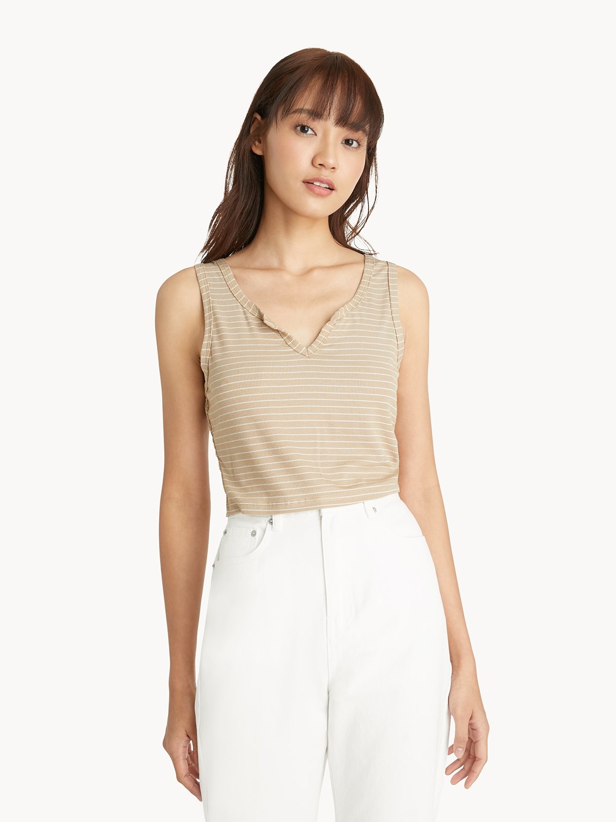Ribbed Stripe Crop Top - Beige - Pomelo Fashion
