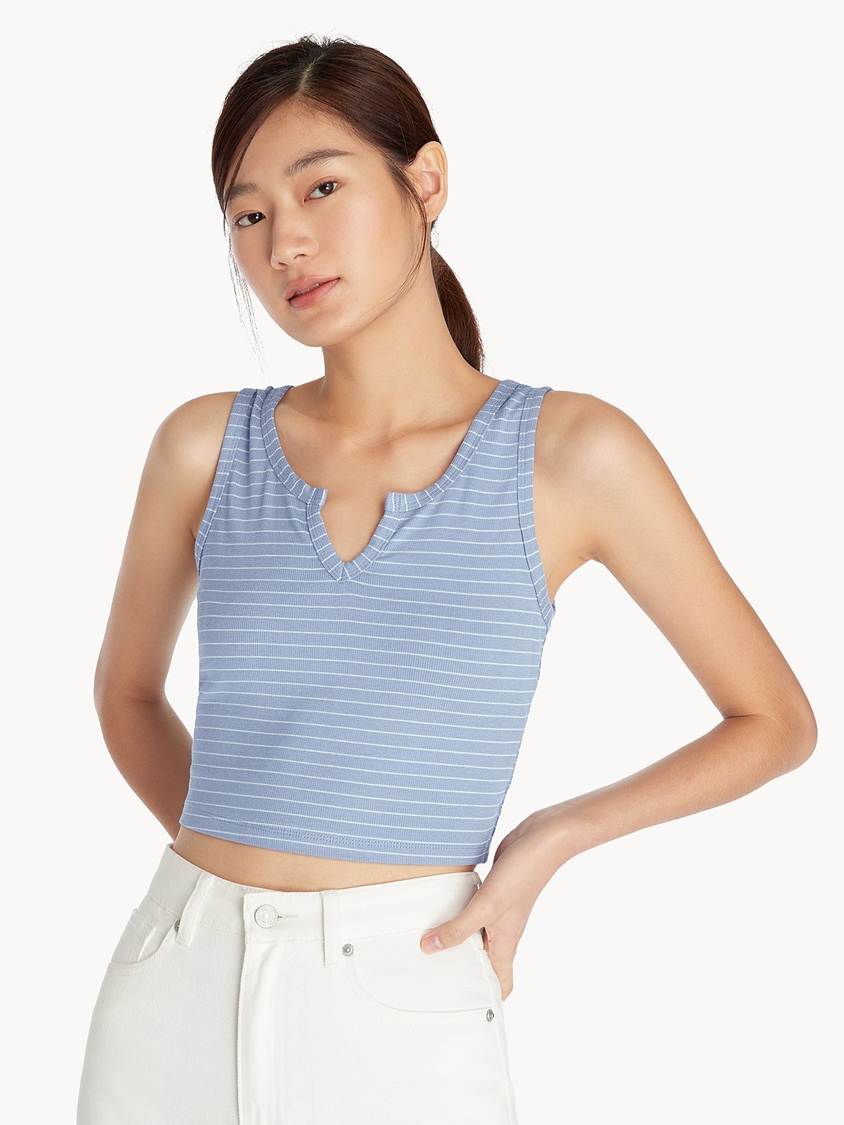 Ribbed Stripe Crop Top - Blue - Pomelo Fashion