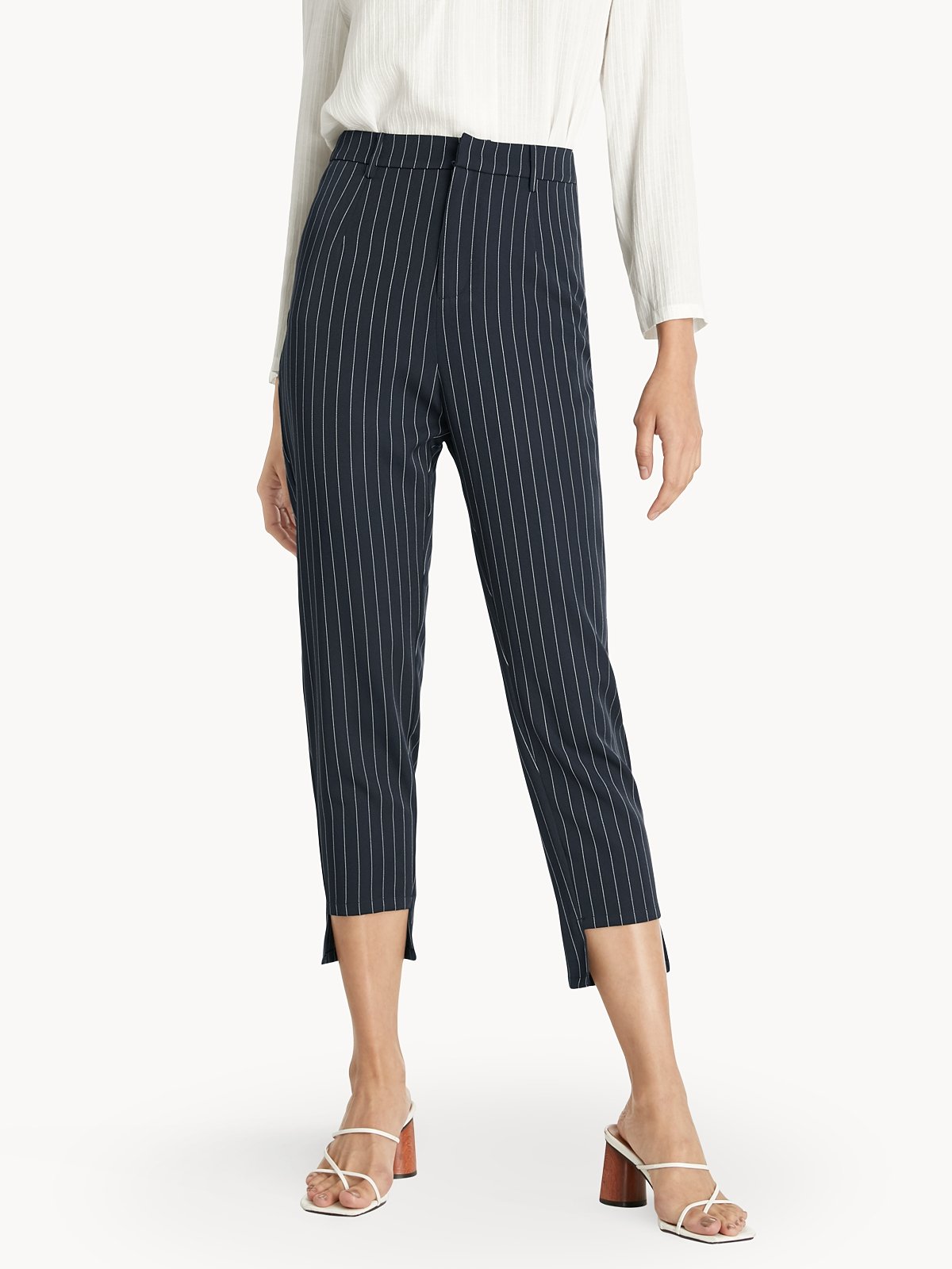 High Waist Pin Stripe Cropped Pants - Navy - Pomelo Fashion