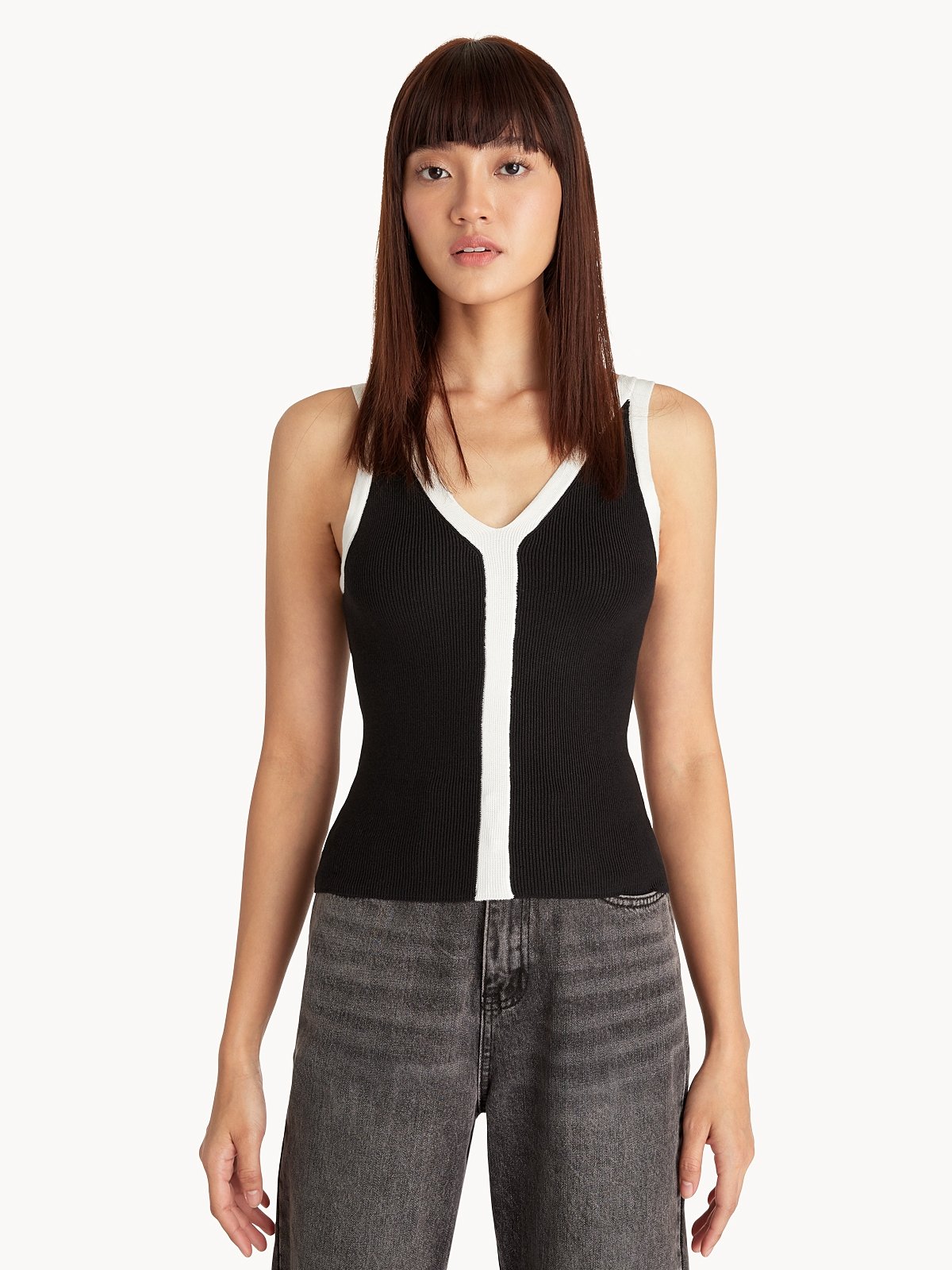 Two Tone V Neck Tank - Black - Pomelo Fashion
