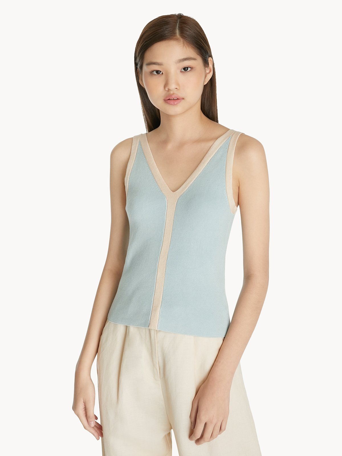 Two Tone V Neck Tank - Blue - Pomelo Fashion