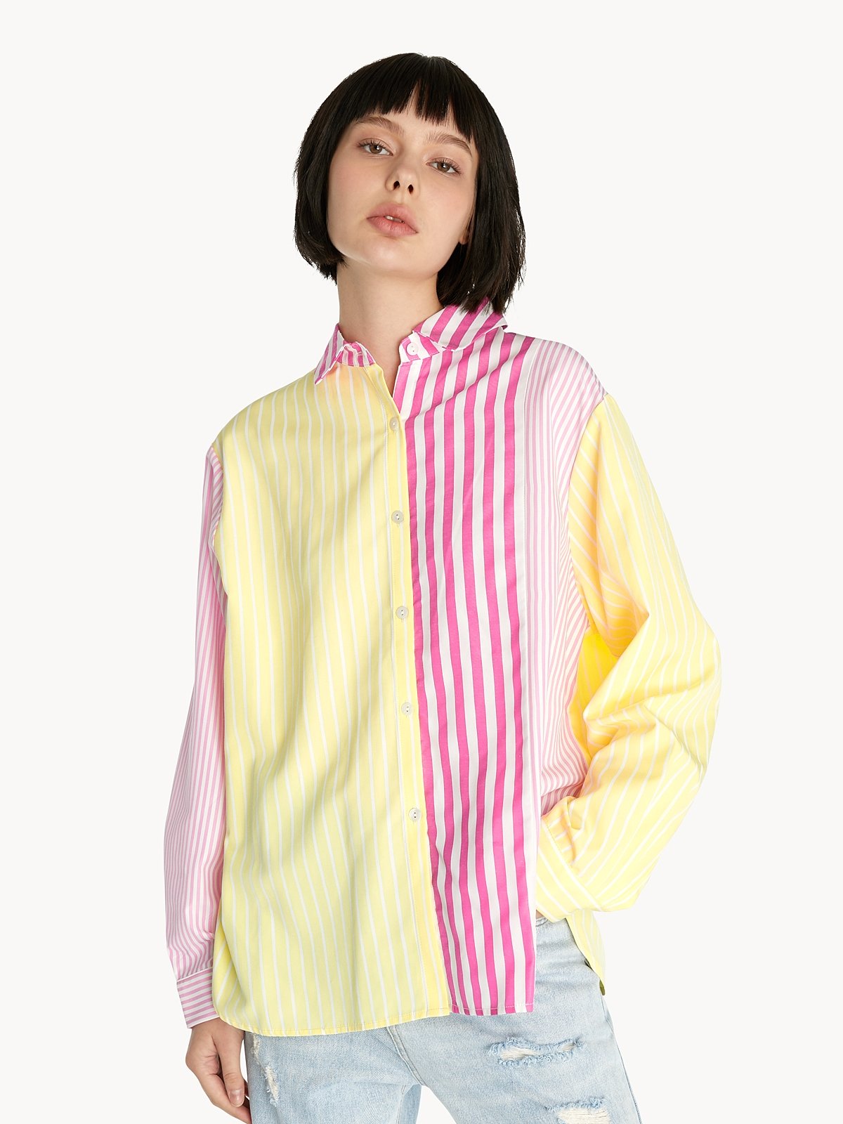 Uneven Stripes Shirt - Pink - Pomelo Fashion