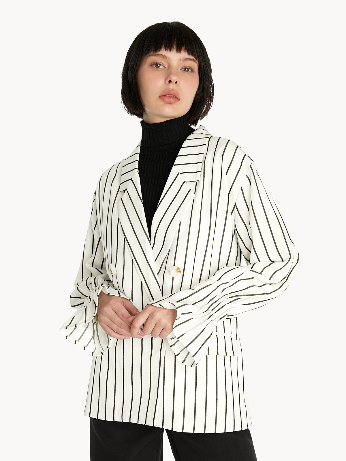 Striped Double Button Blazer - White - Pomelo Fashion