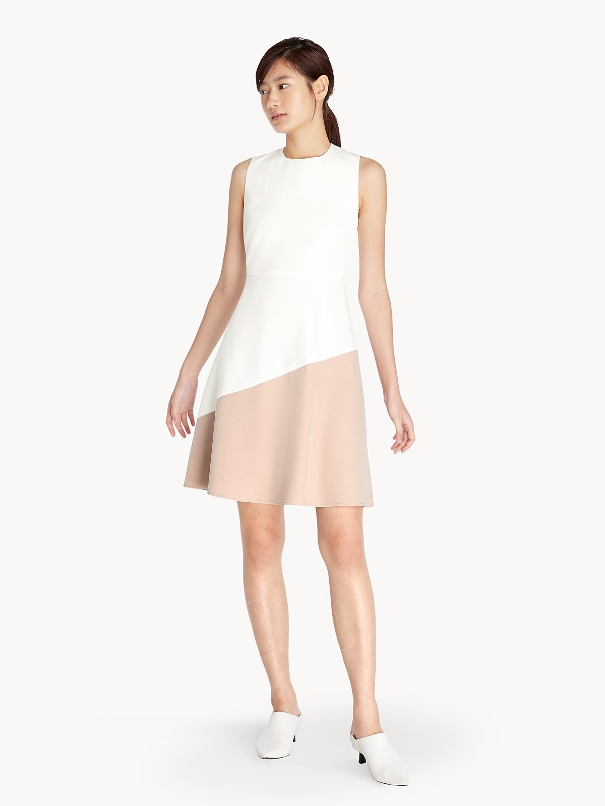 Two Tone Flare Dress - White - Pomelo Fashion