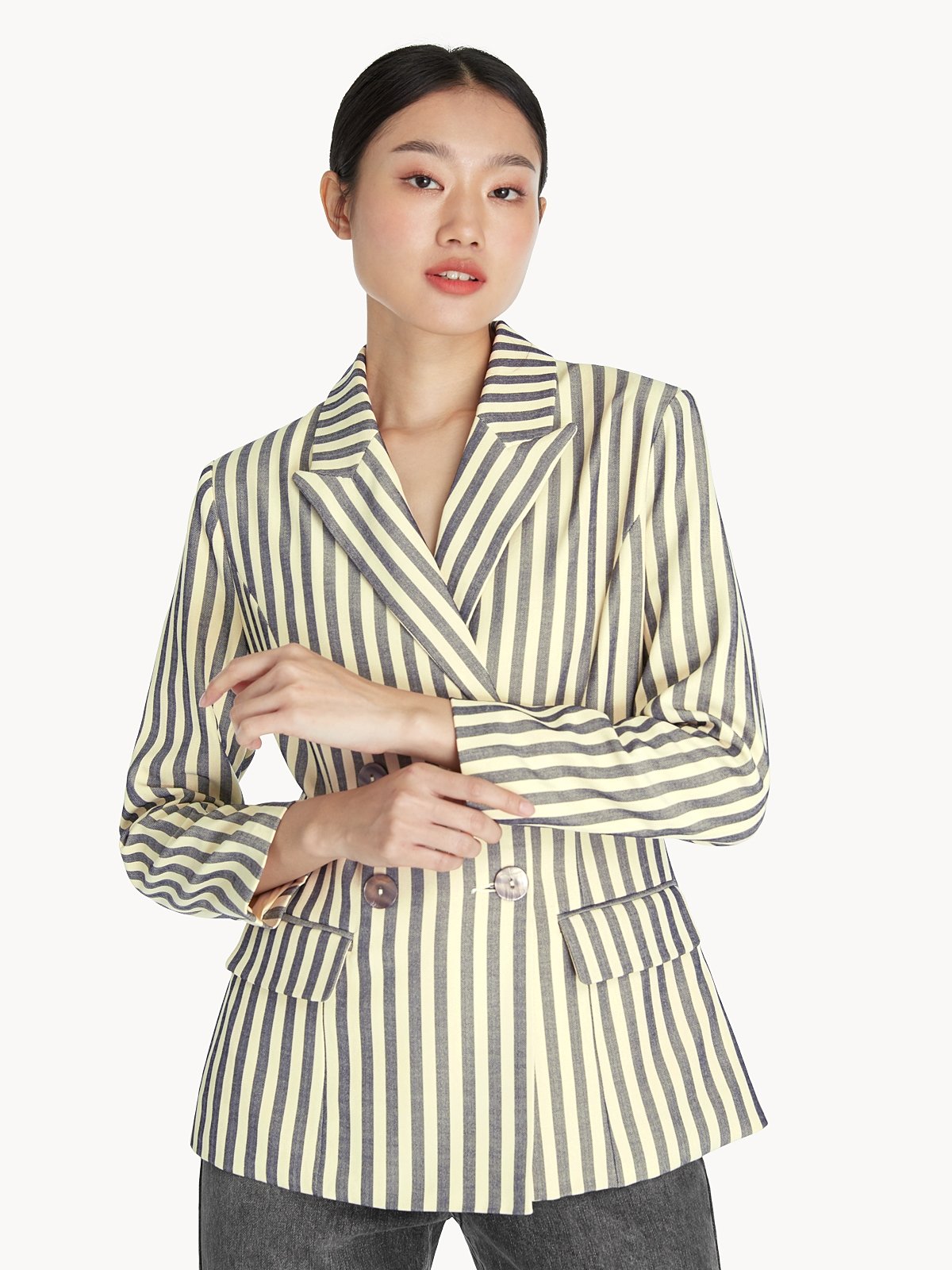 Two Tone Striped Blazer - Beige - Pomelo Fashion