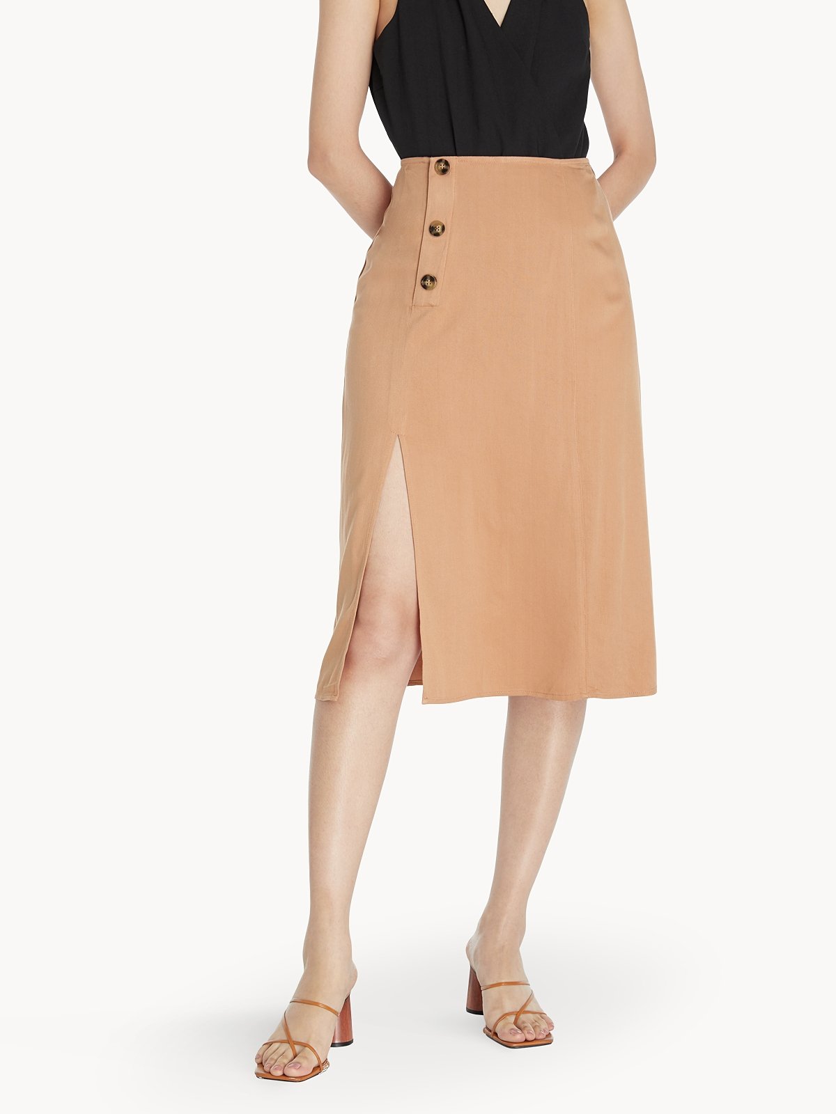 Front Slit Button Detailed Skirt - Beige - Pomelo Fashion