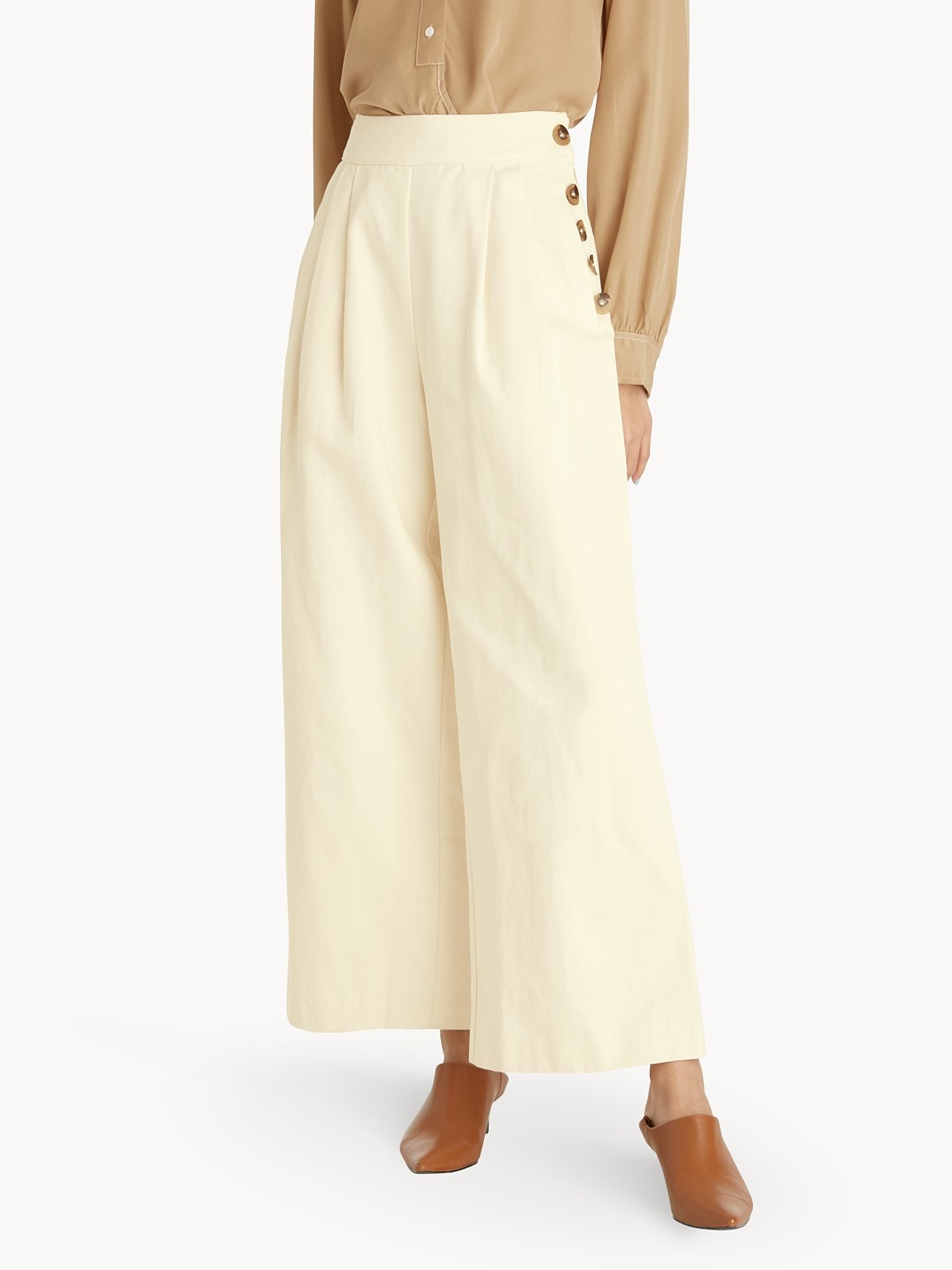 Side Buttons Detail Baggy Pants - Cream - Pomelo Fashion