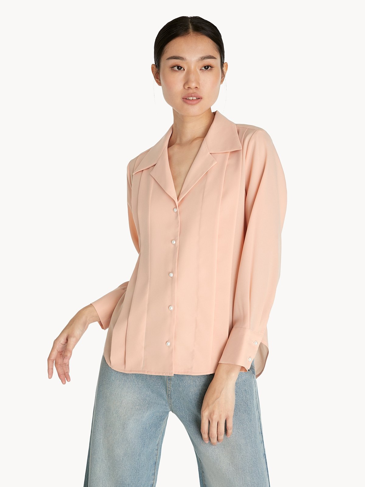 Pleated Button Down Top - Peach - Pomelo Fashion
