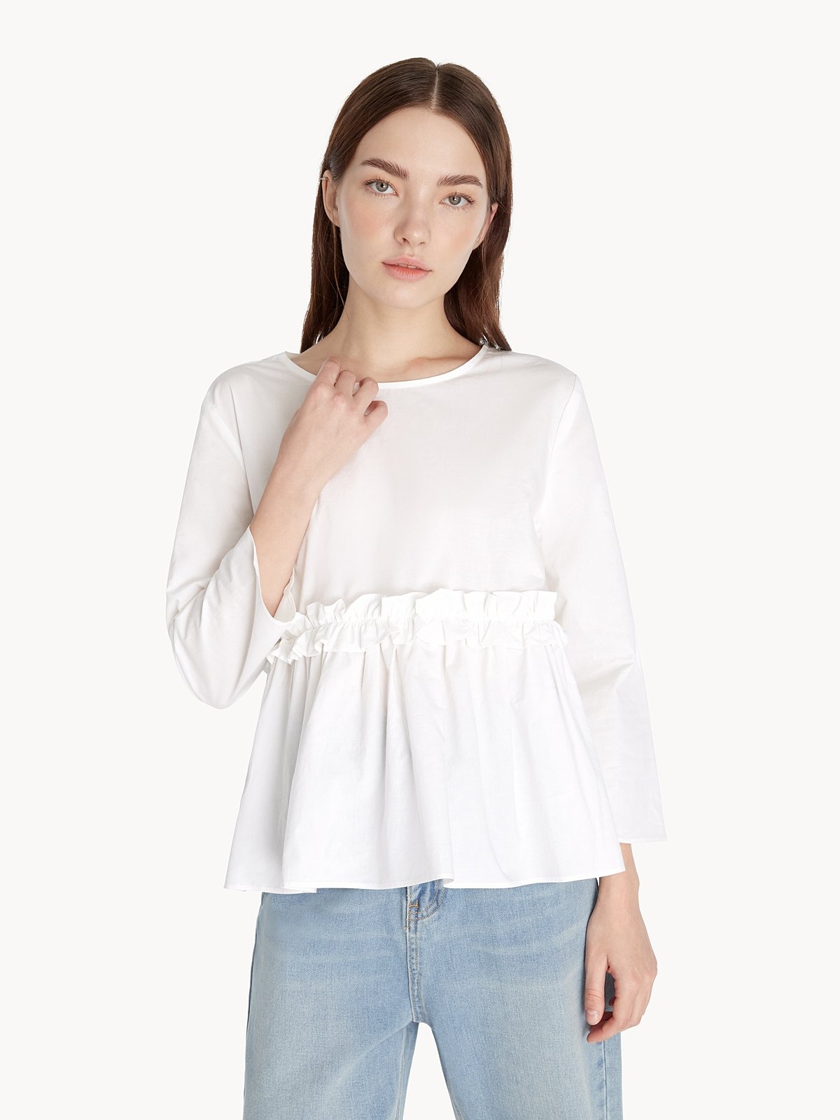 Long Sleeve Frill Top - White - Pomelo Fashion