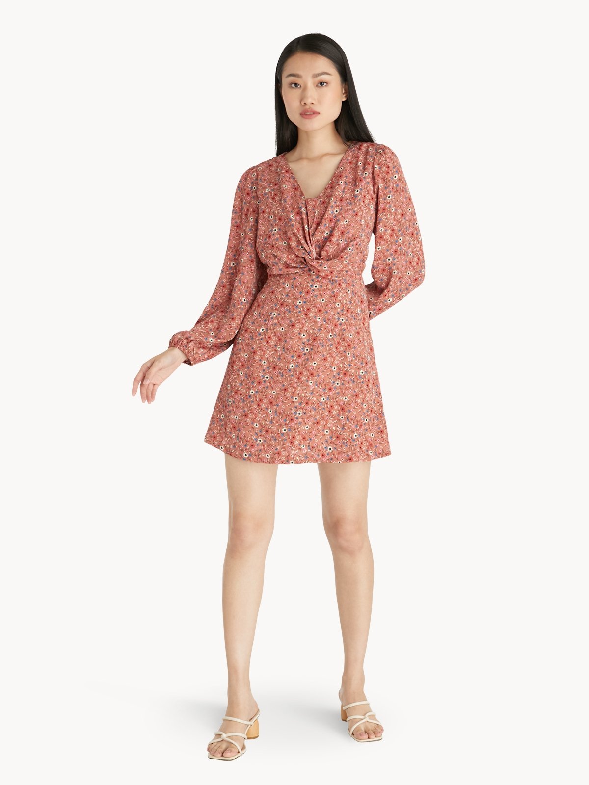 Floral Ruched Mini Dress - Pink - Pomelo Fashion