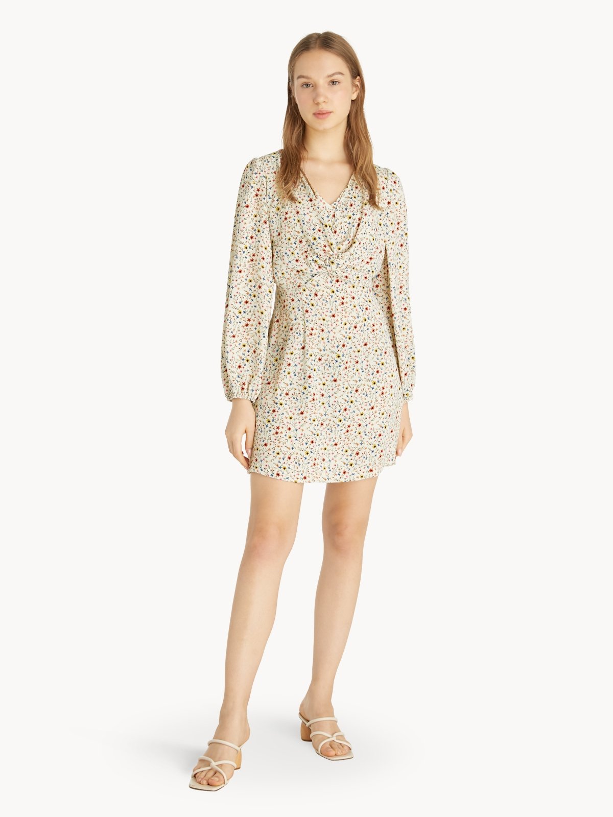 Floral Ruched Mini Dress - Cream - Pomelo Fashion
