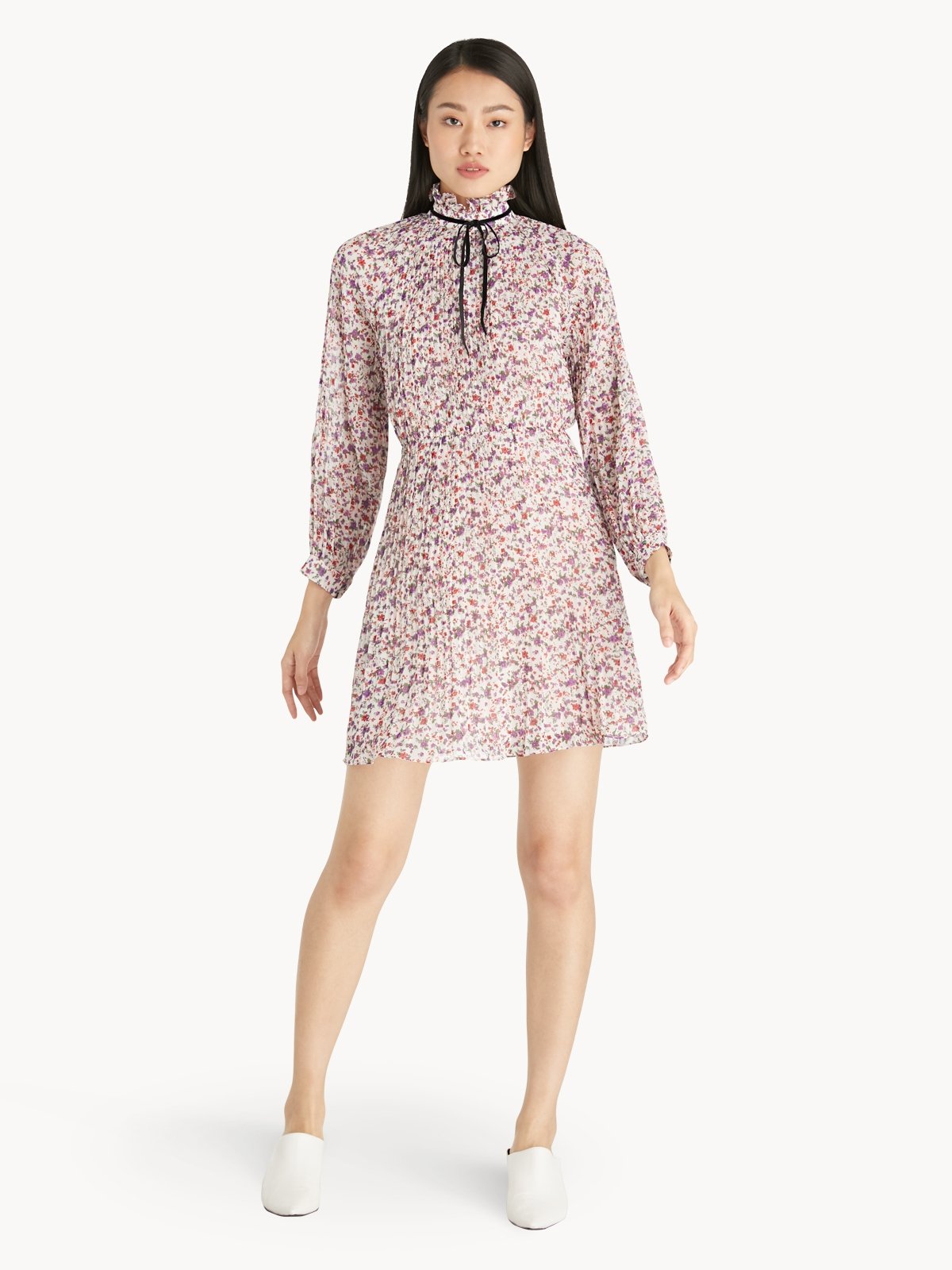 Pleated Floral Dress - Pink - Pomelo Fashion