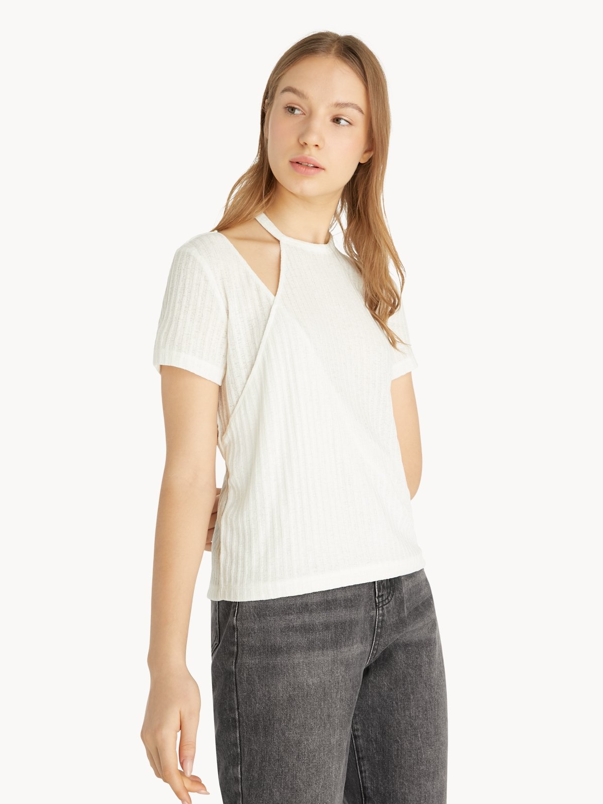 Ribbed Asymmetric Neckline Top - White - Pomelo Fashion